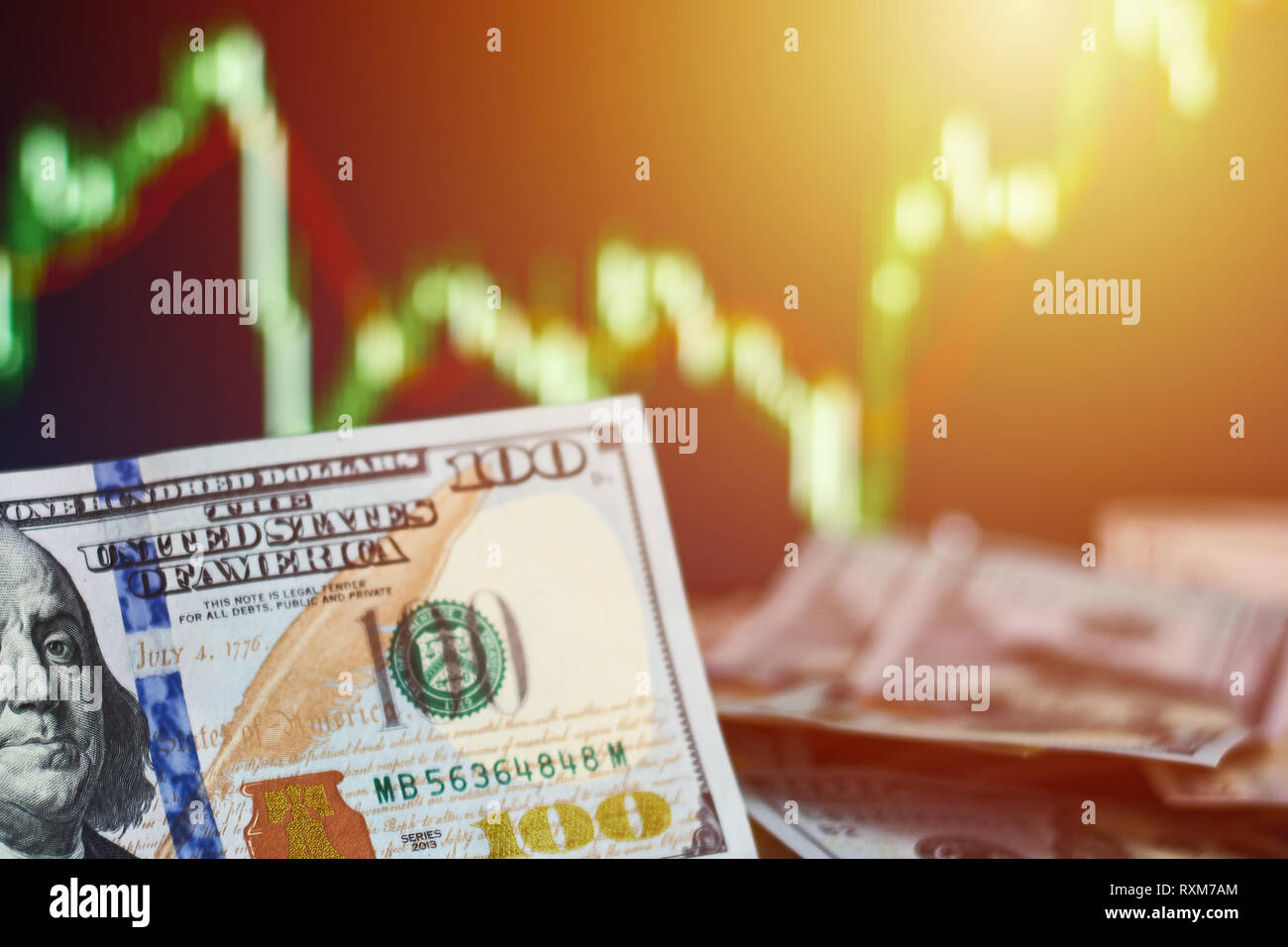 US dollar bills on background with dynamics of exchange rates. Trading ...