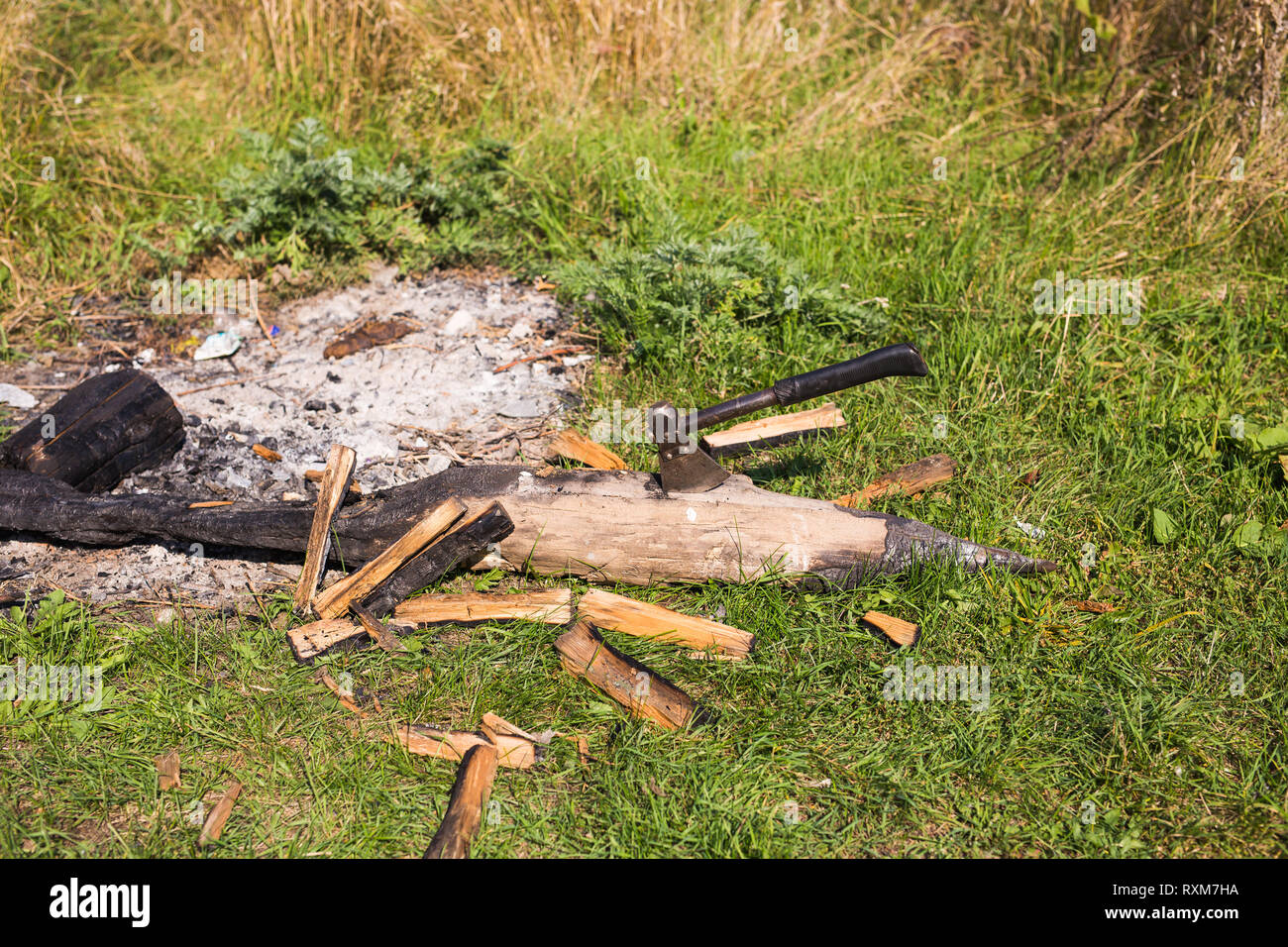 A pile of logs for a fire with a long handled axe embedded in a log ...