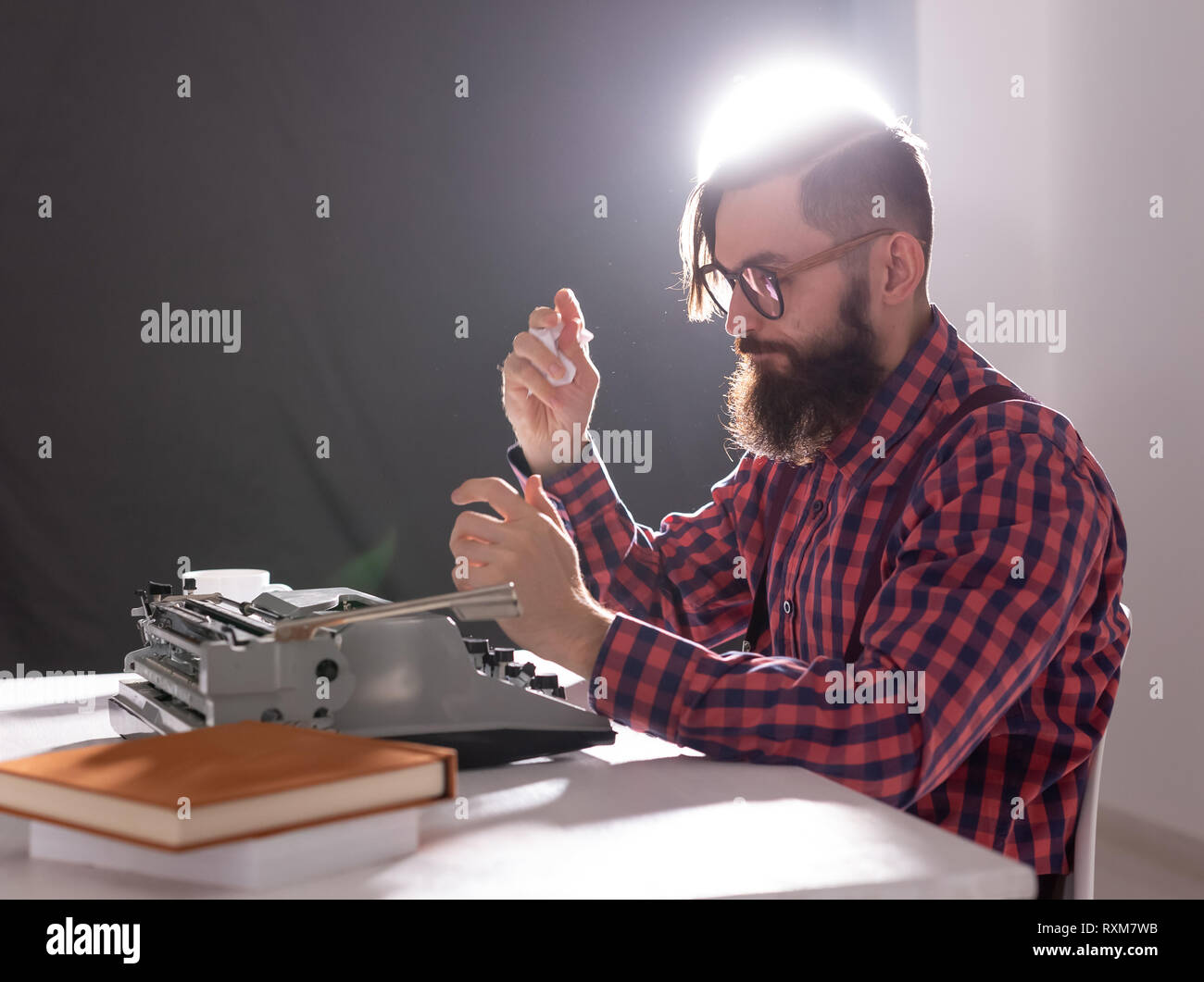 People and technology concept - World day of the writer, handsome man ...