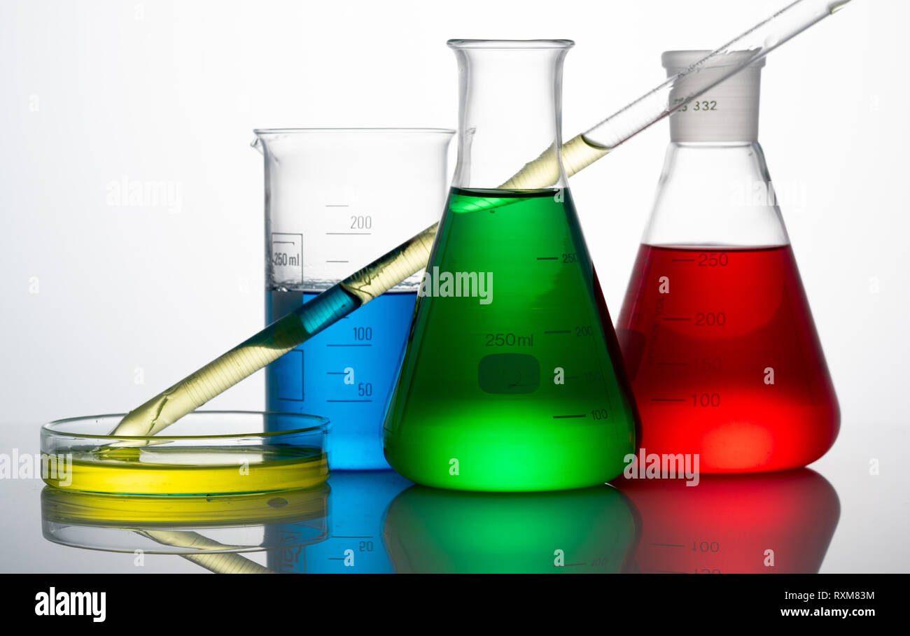 Chemical science glass on white background Stock Photo - Alamy