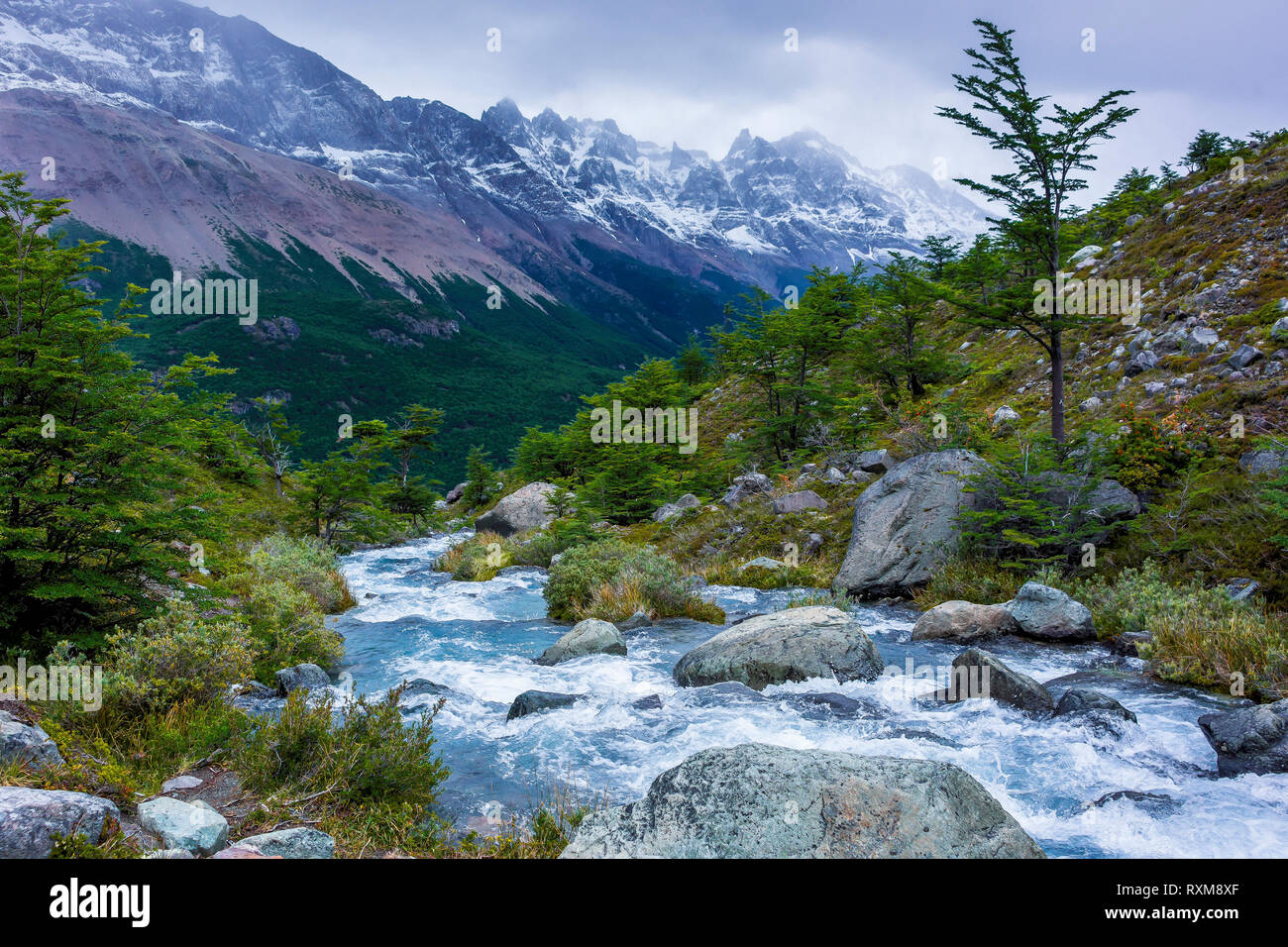 Icy blue glacier melt-water cascades down an Andean stream Stock Photo ...