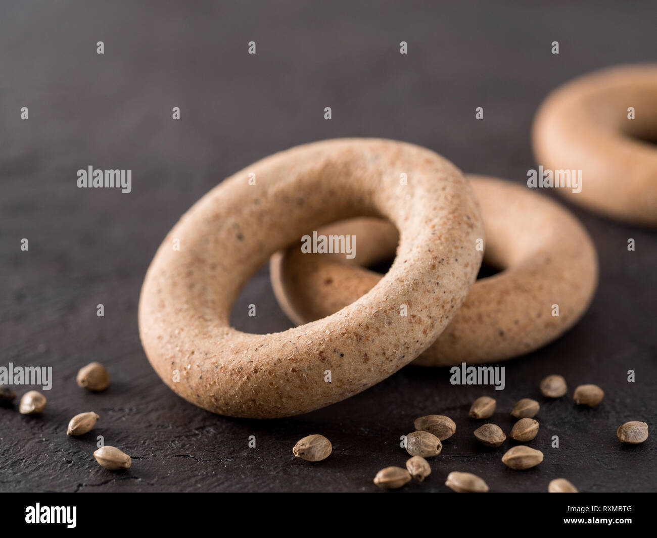 Ring-shaped cracknel with whole grain hemp seed flour and hemp seeds on ...