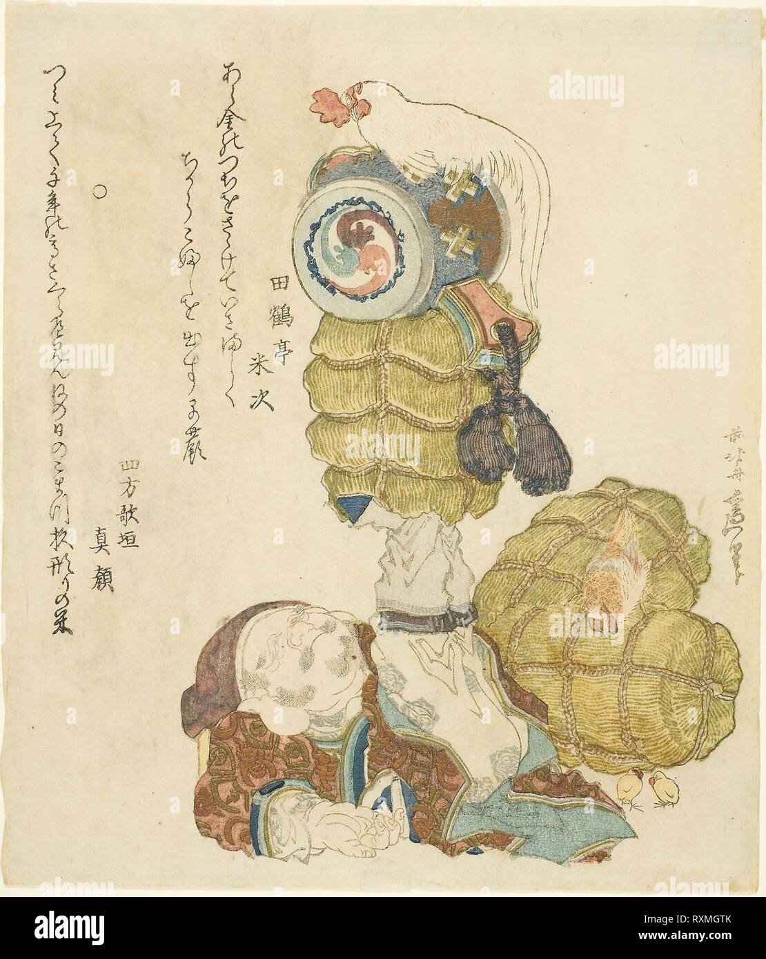 Daikoku balancing rice bales, mallet, and rooster on his feet ...