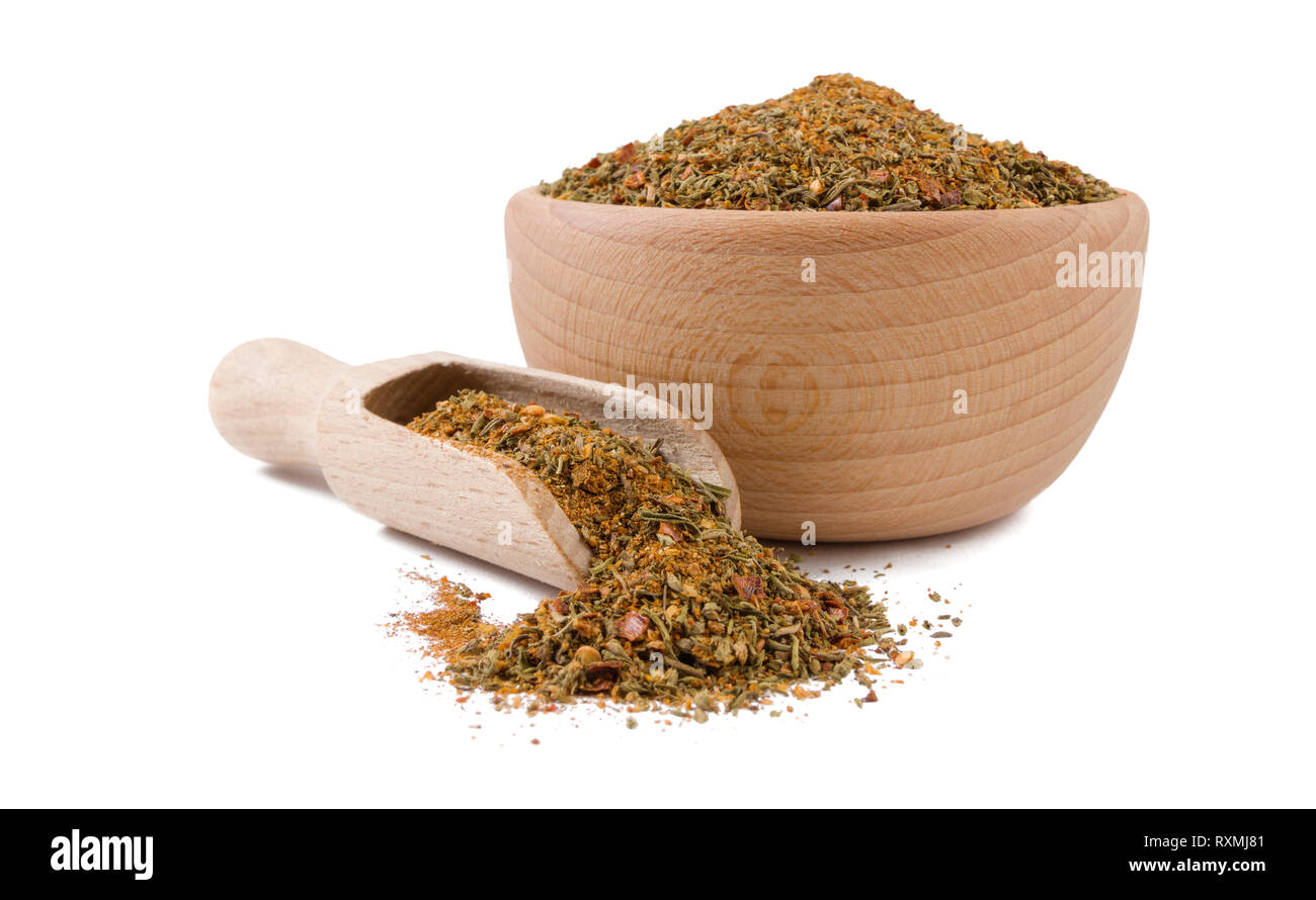 red savory mix or Chubritsa in wooden bowl and scoop isolated on white ...