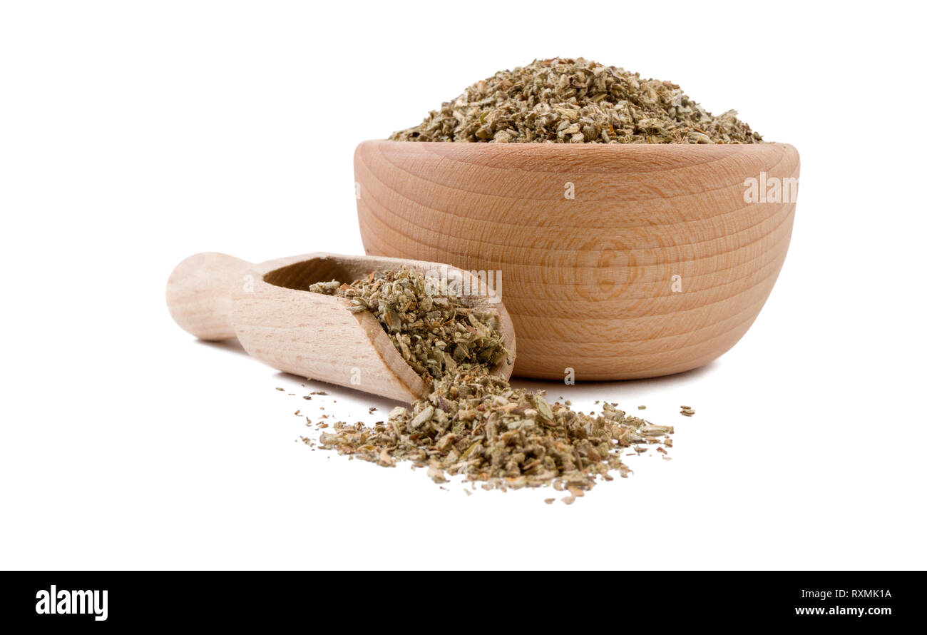 salvia or sage in wooden bowl and scoop isolated on white background ...