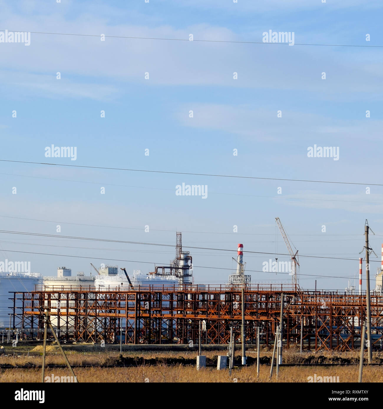 Distillation columns, pipes and other equipment furnaces refinery. The ...