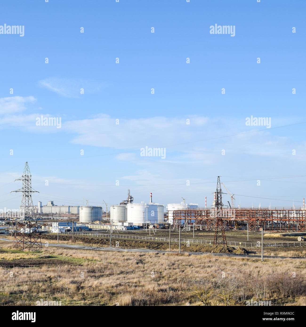 Distillation columns, pipes and other equipment furnaces refinery. The ...