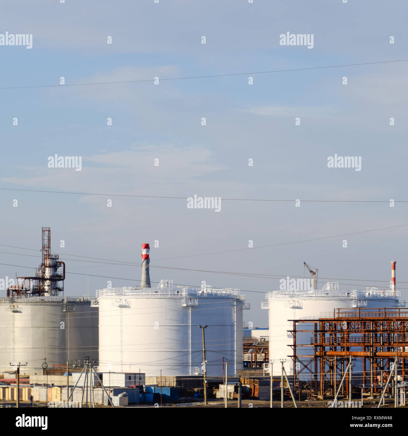 Distillation columns, pipes and other equipment furnaces refinery. The ...