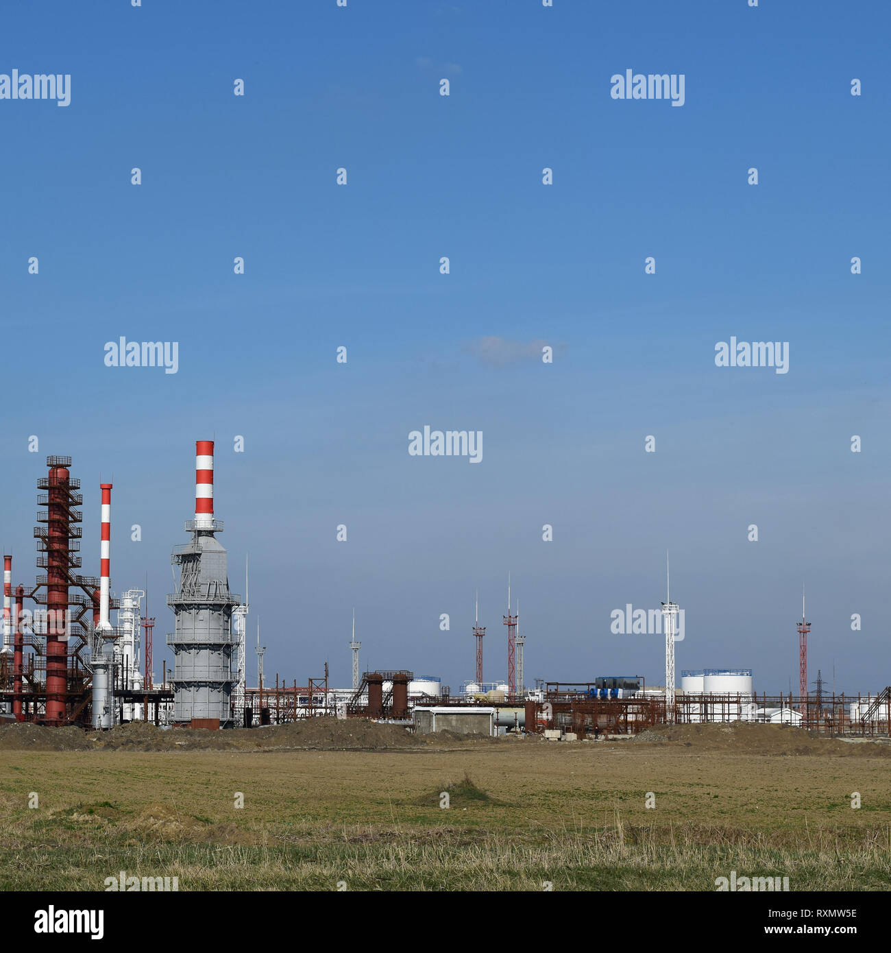 Distillation columns, pipes and other equipment furnaces refinery. The ...