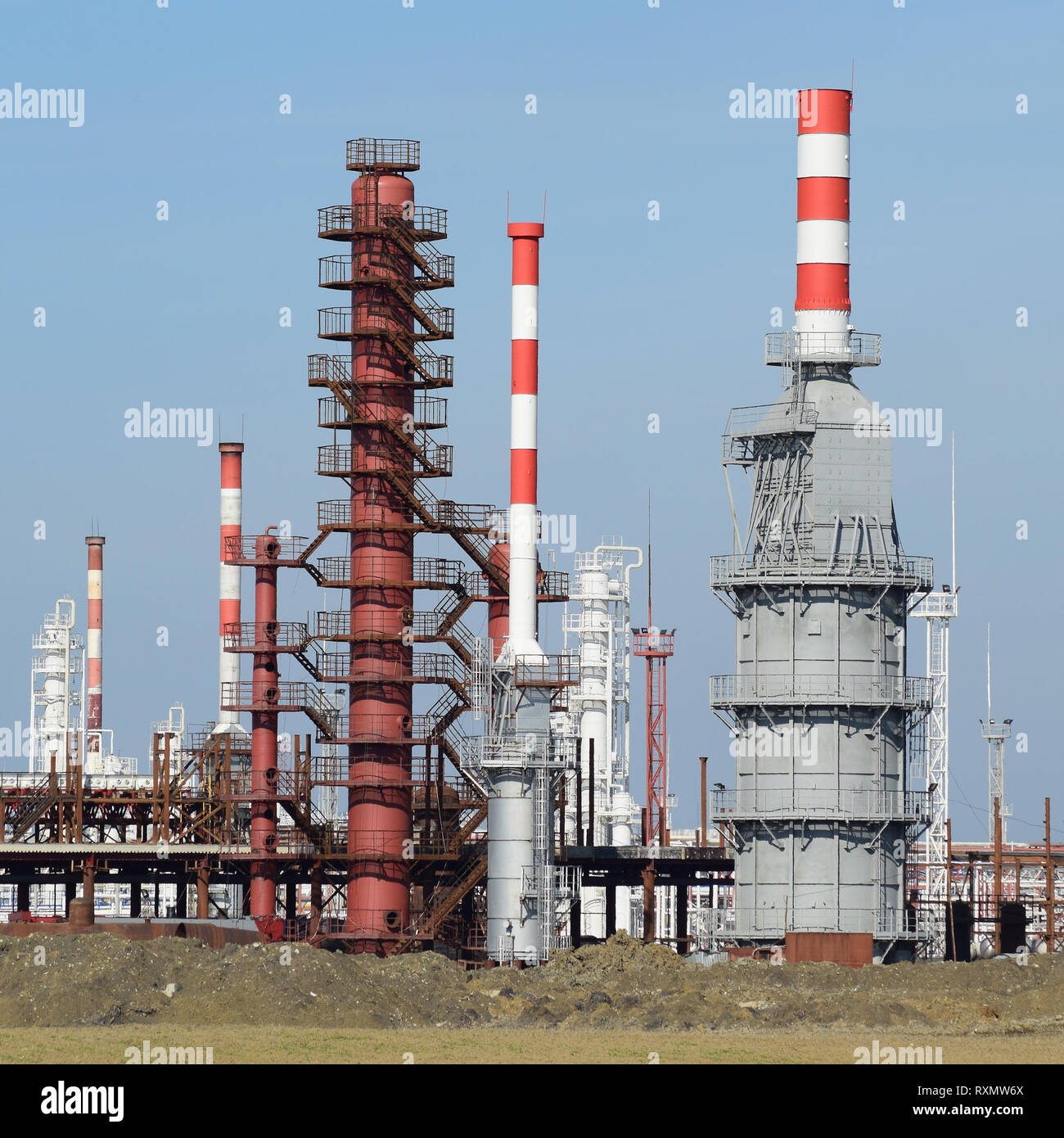 Distillation columns, pipes and other equipment furnaces refinery. The ...
