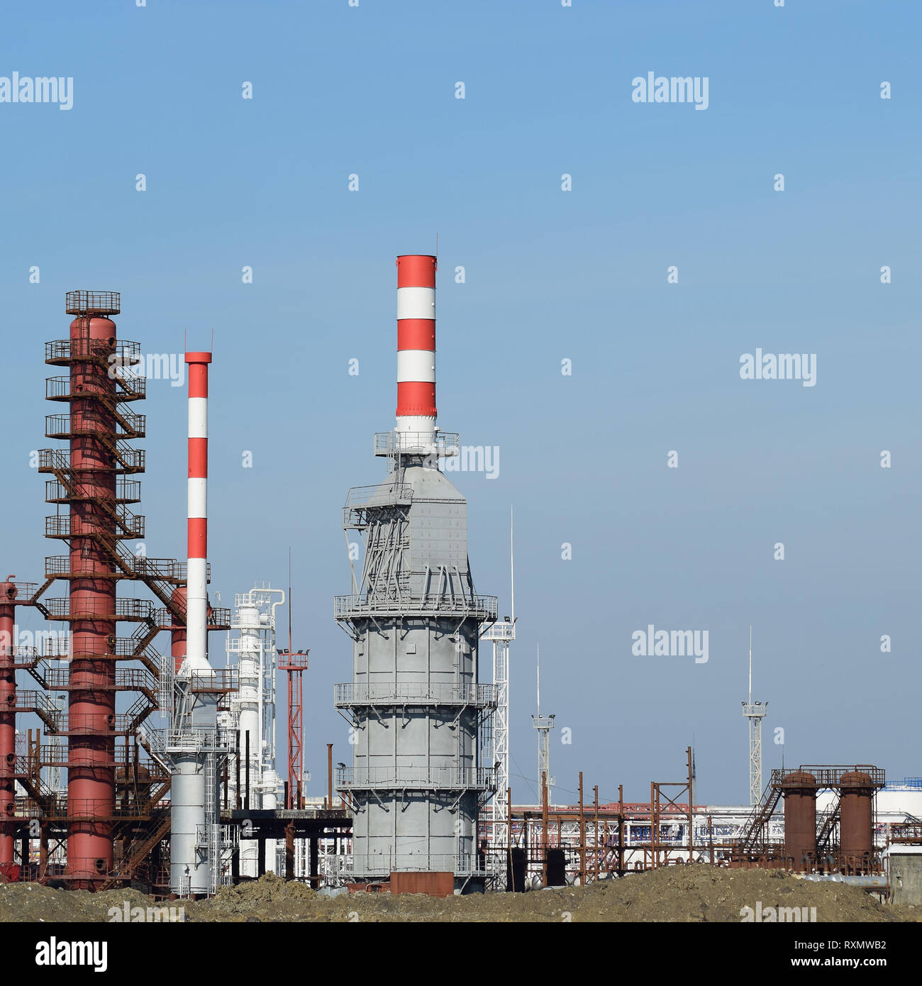 Distillation columns, pipes and other equipment furnaces refinery. The ...