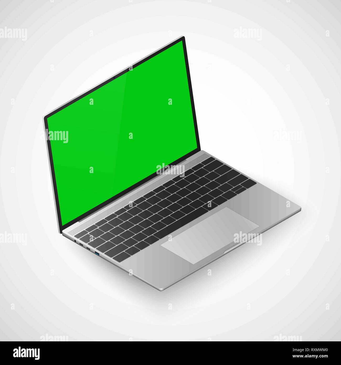 Laptop isometric view. Realistic laptop with green screen for your data ...