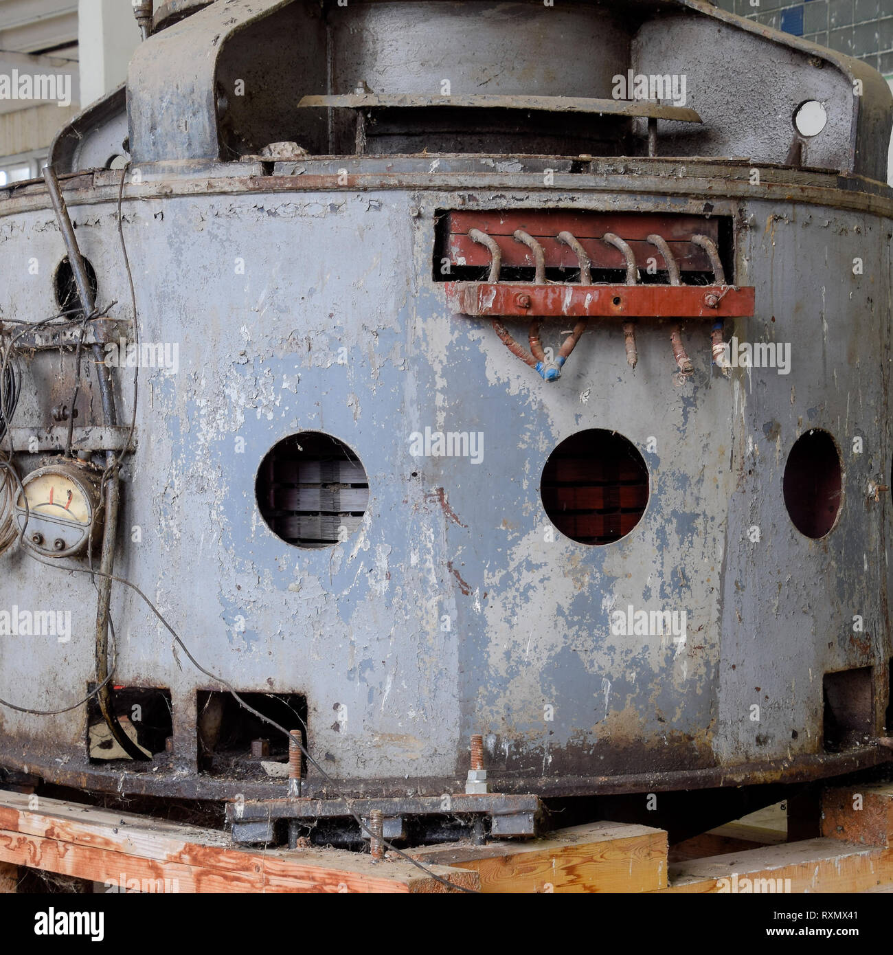 Engines of water pumps at a water pumping station. Pumping irrigation ...