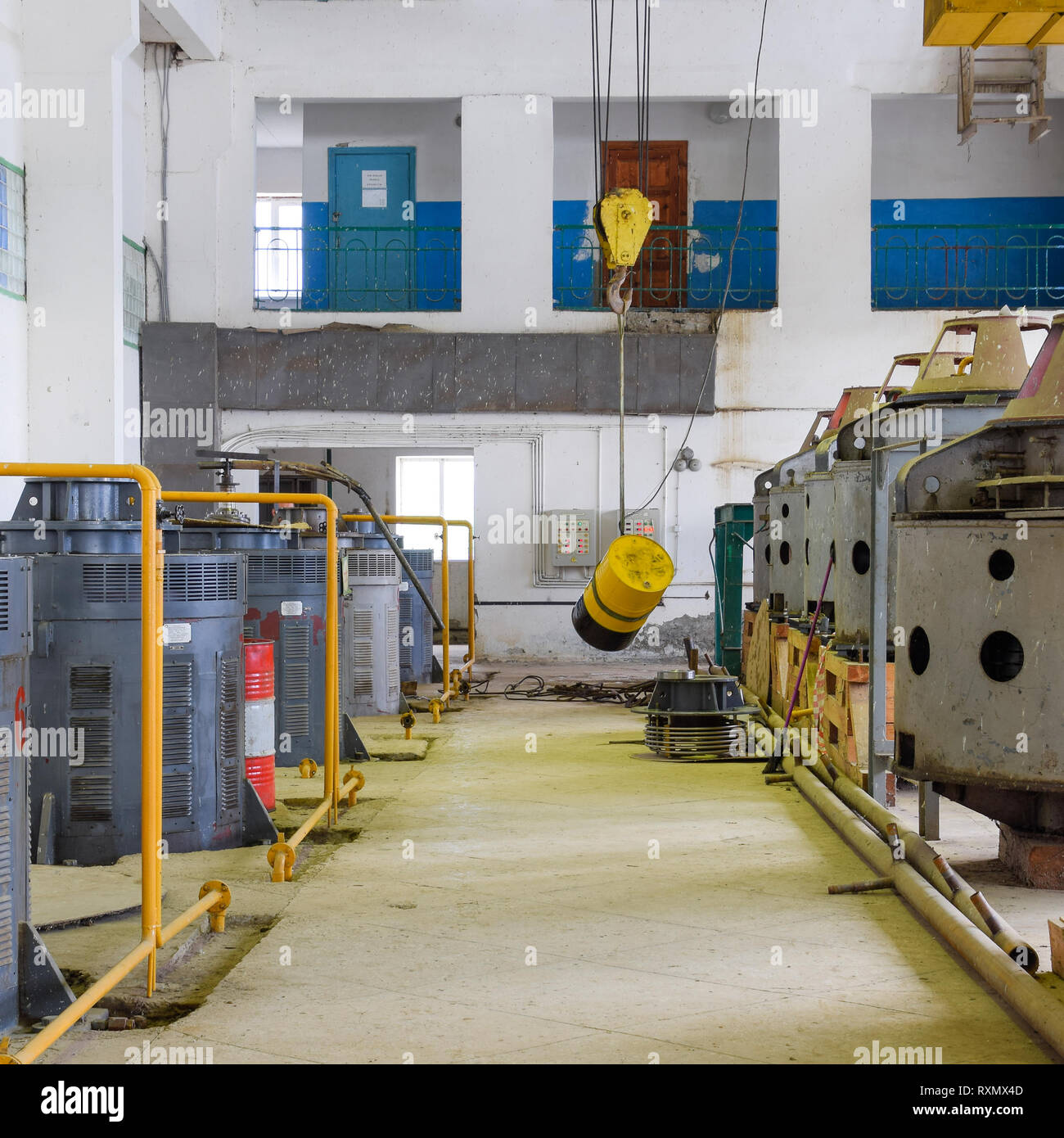 Engines of water pumps at a water pumping station. Pumping irrigation ...