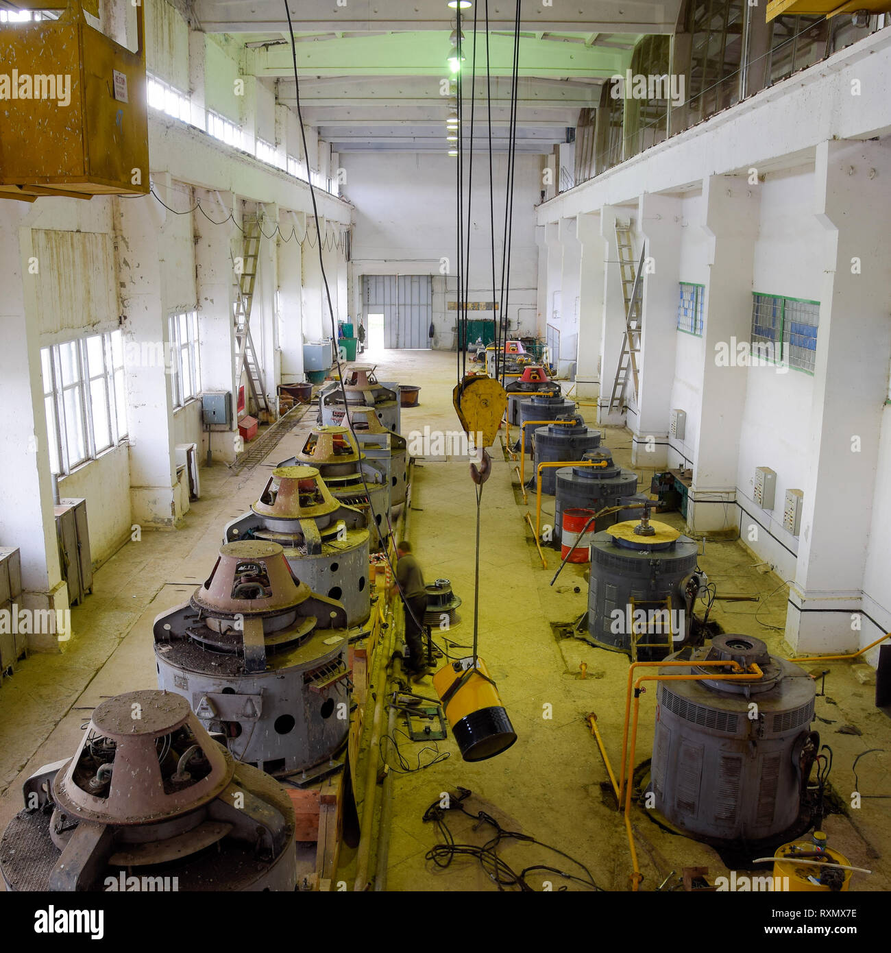 Engines of water pumps at a water pumping station. Pumping irrigation ...
