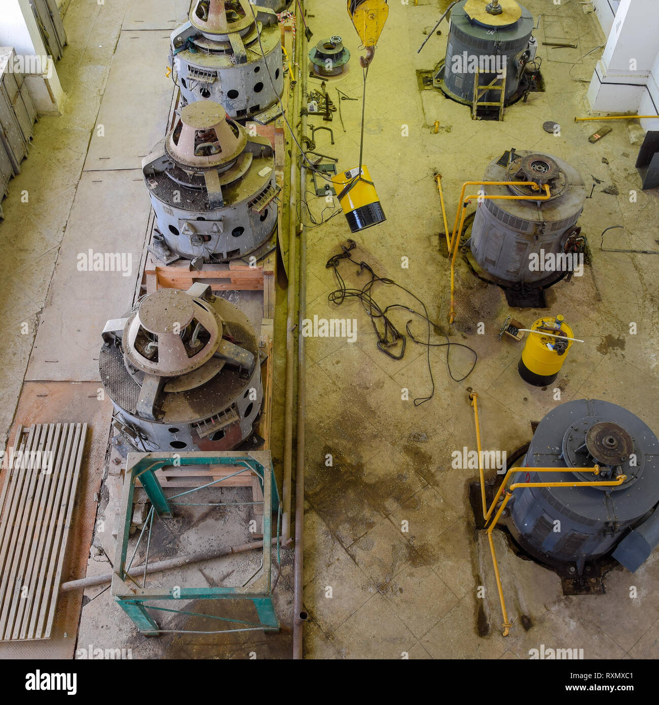Engines of water pumps at a water pumping station. Pumping irrigation ...