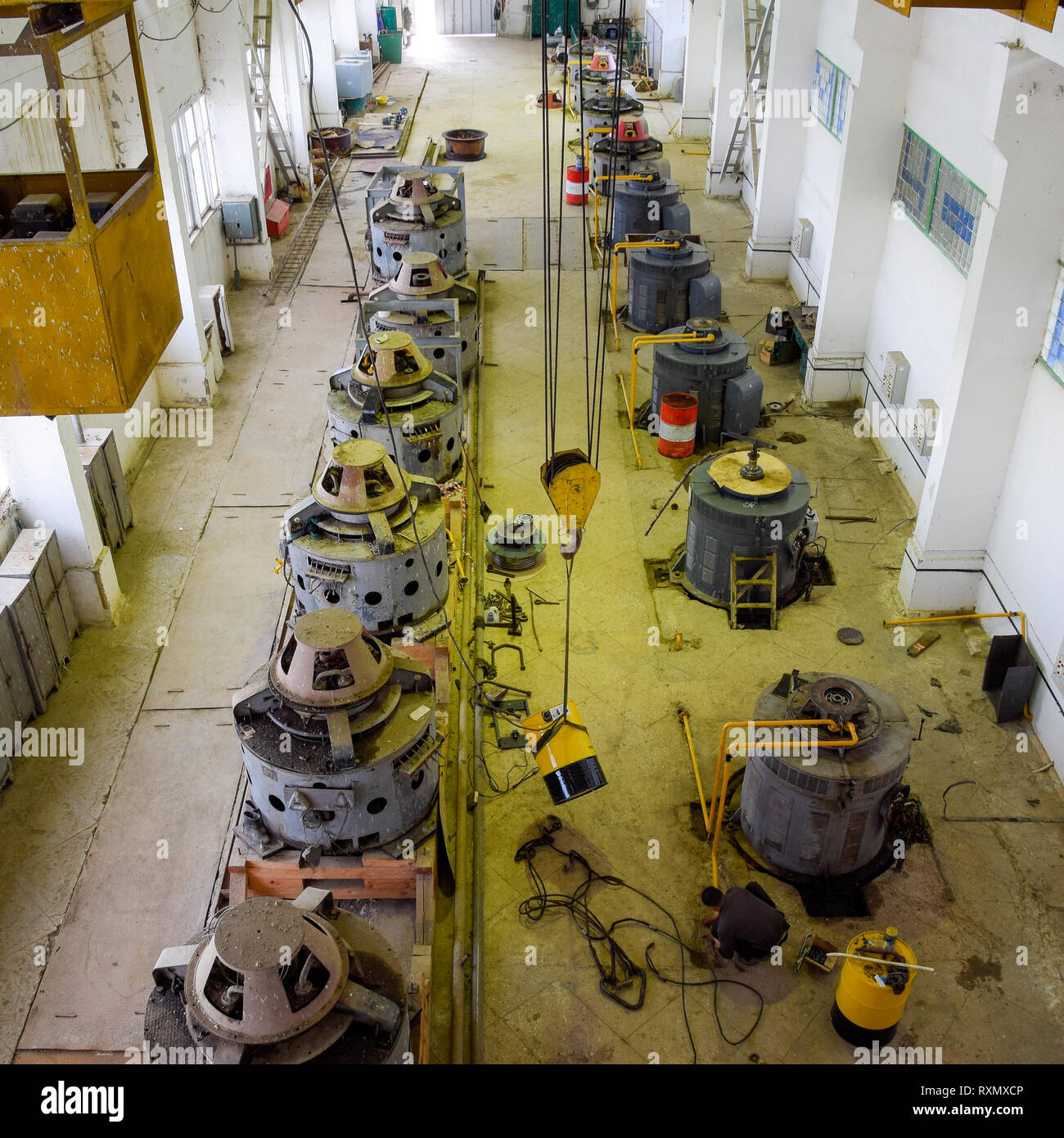 Engines of water pumps at a water pumping station. Pumping irrigation ...