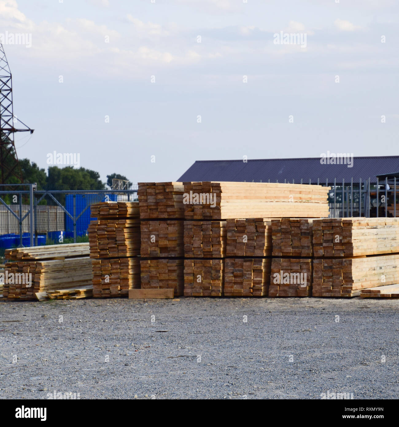 Folded new board at the construction base. Timber. Board of pine Stock ...