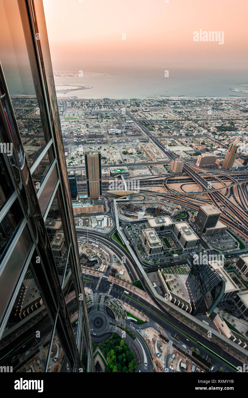 View from Burj Khalifa tower. This skyscraper is the tallest man-made ...