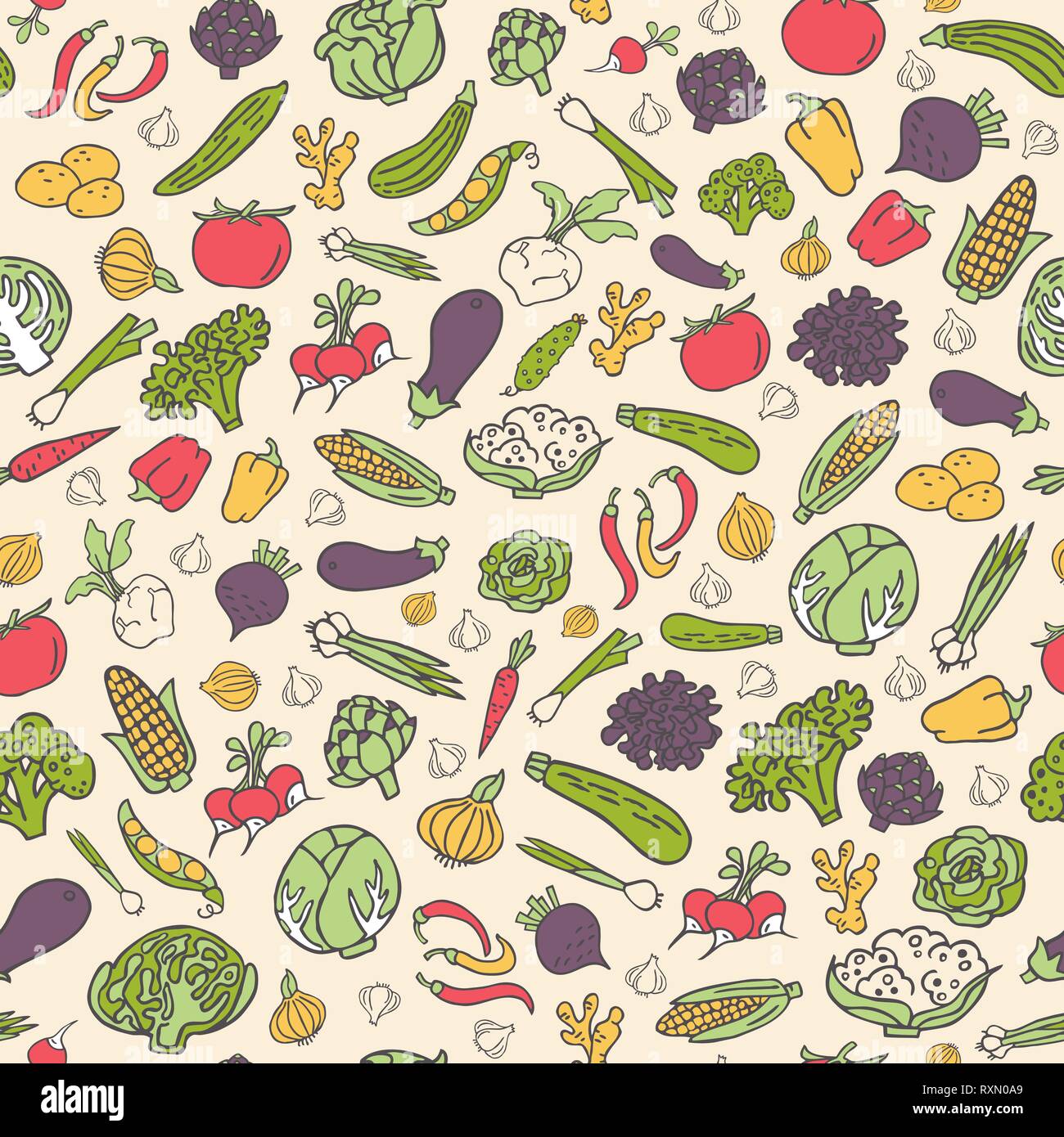 Hand drawn vegetables vector seamless pattern in flat style. Unique ...