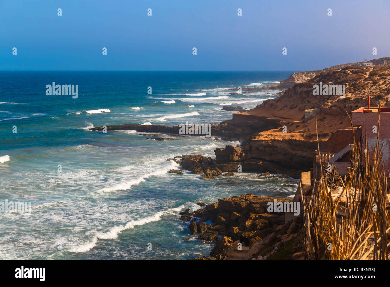 Atlantic Ocean coast landscape with heavy waves, Essaouira, Morocco ...