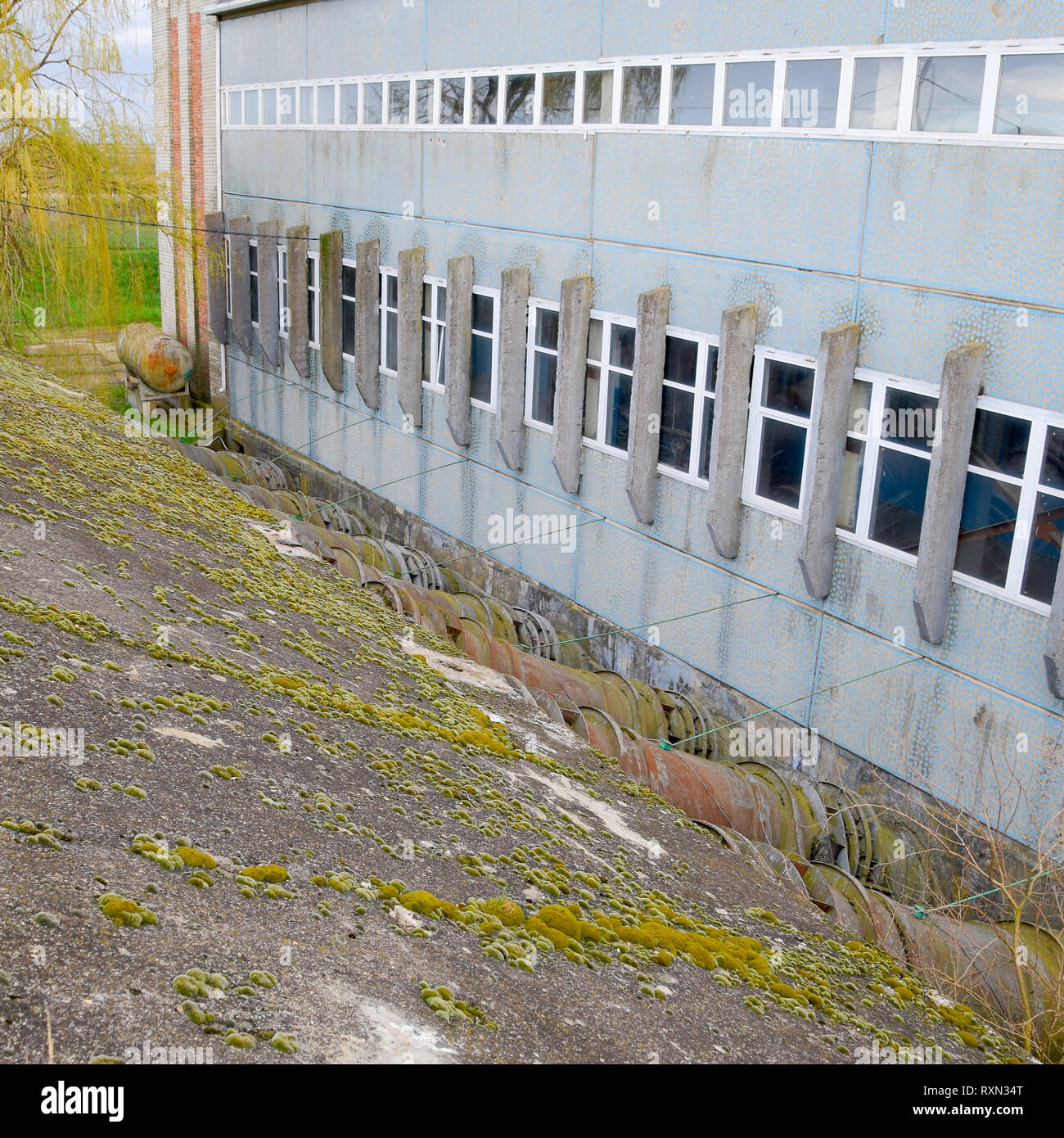 Outlet pipes of a water pumping station. Pipes of large diameter. wall ...