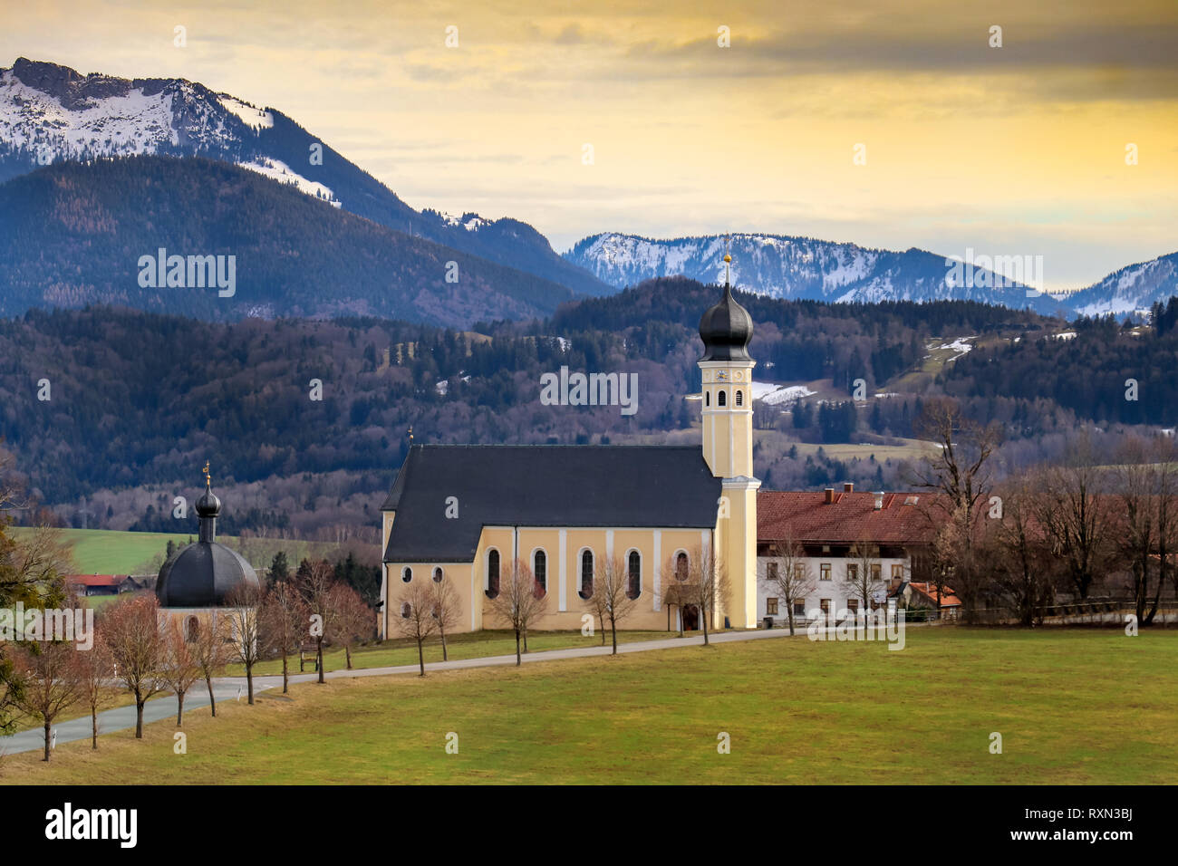chapel with mountain background, travel bavaria germany irschenberg ...