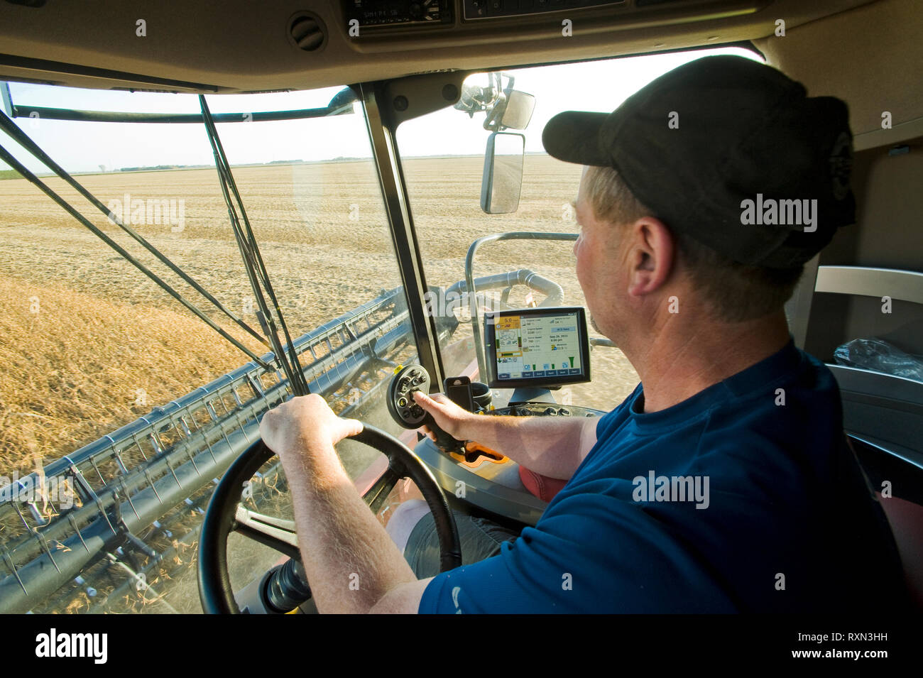 a farmer operates the controls of his combine during the soybean ...