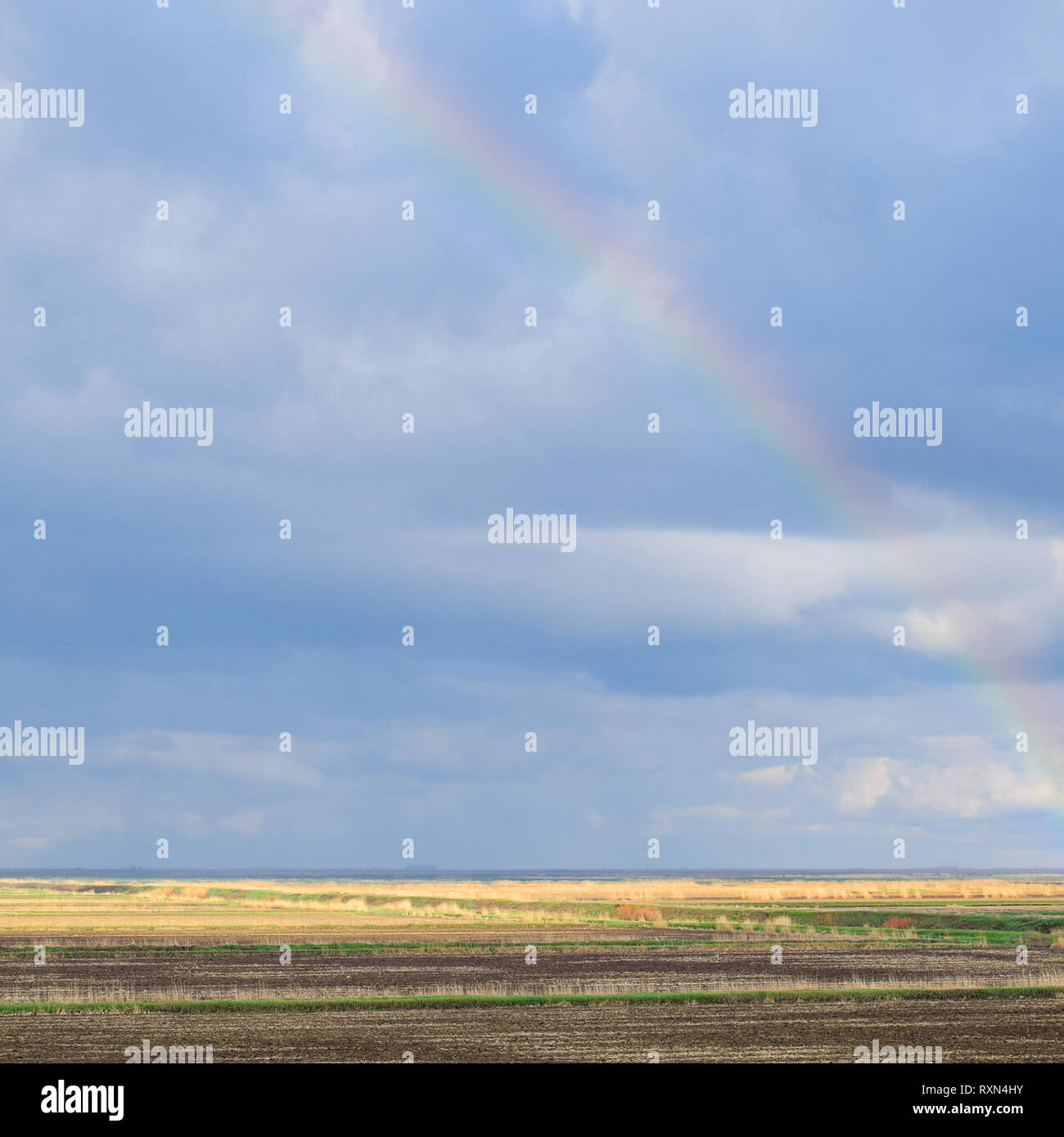 Rainbow, a view of the landscape in the field. Formation of the rainbow ...
