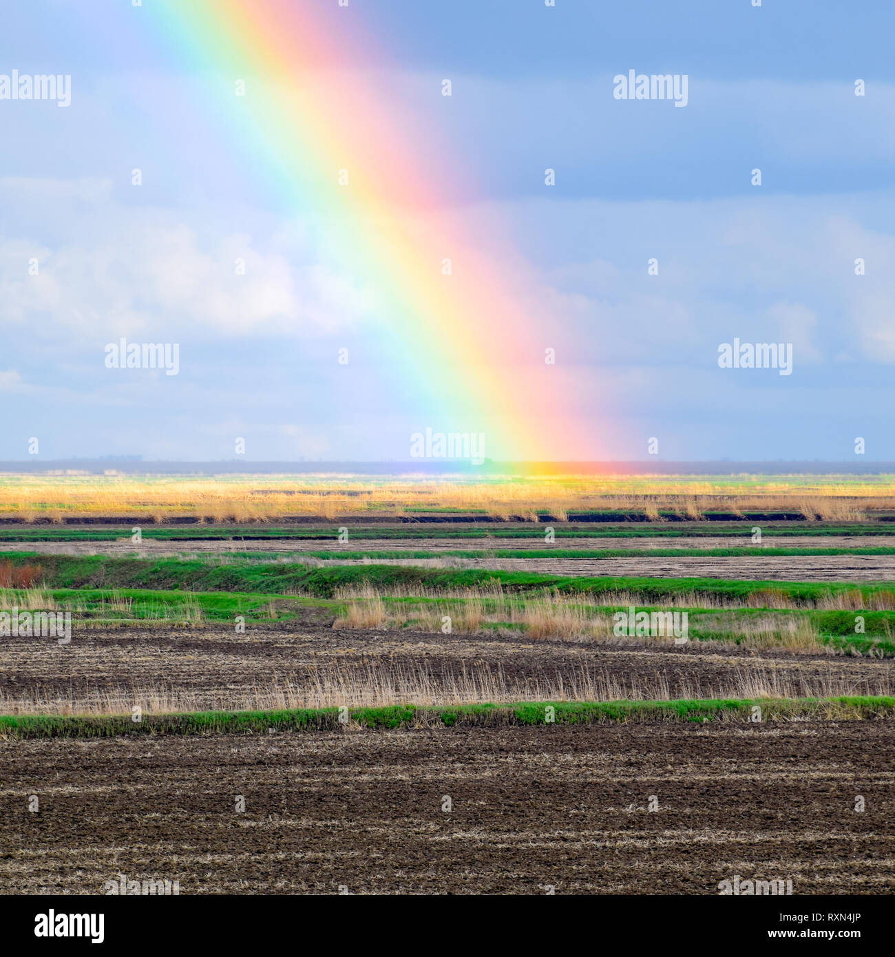 Rainbow, a view of the landscape in the field. Formation of the rainbow ...