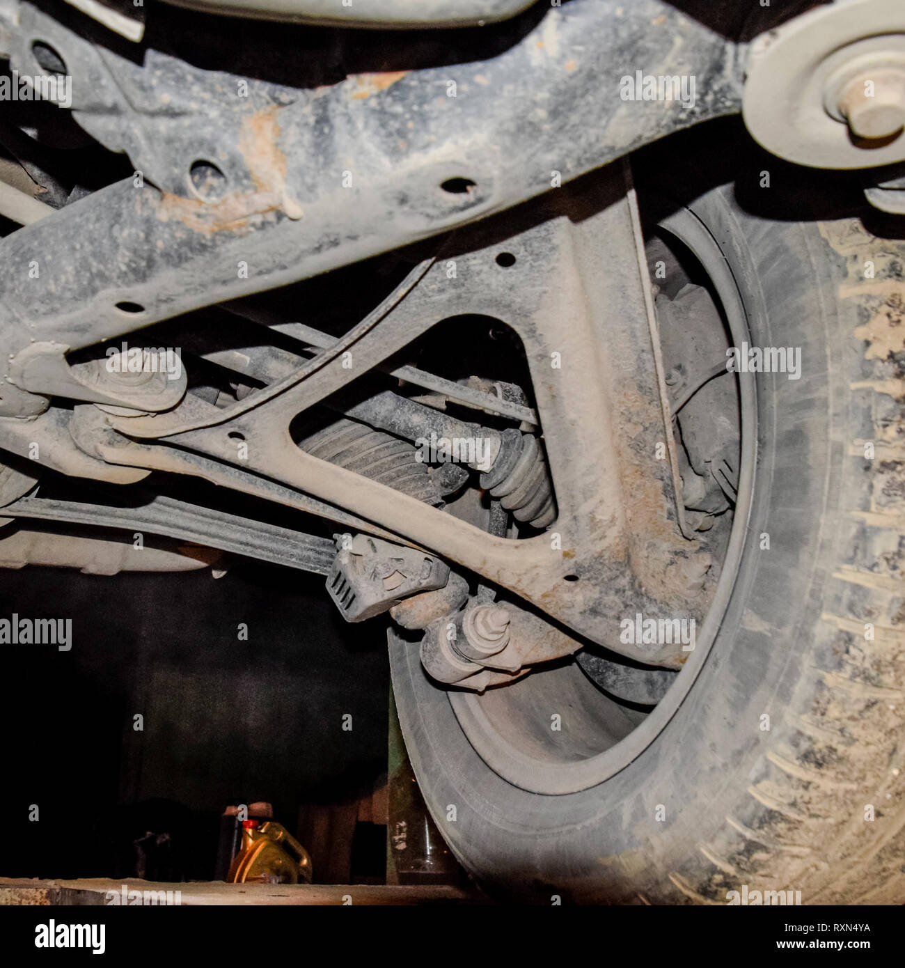 Rear wheel of the car with the elements of the suspension system. Car ...