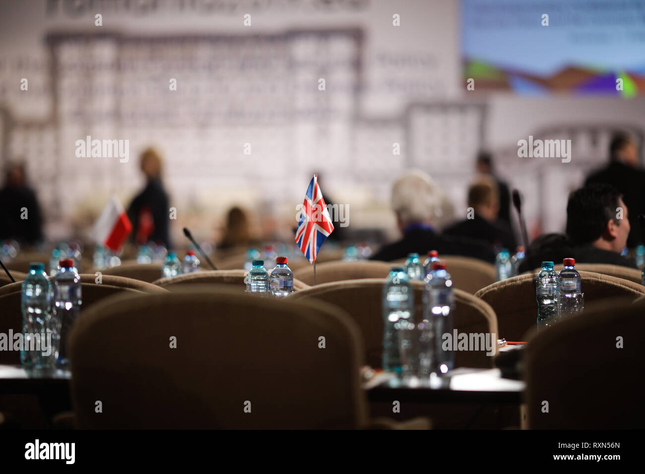 Details with the lonely flag of the United Kingdom during a conference ...