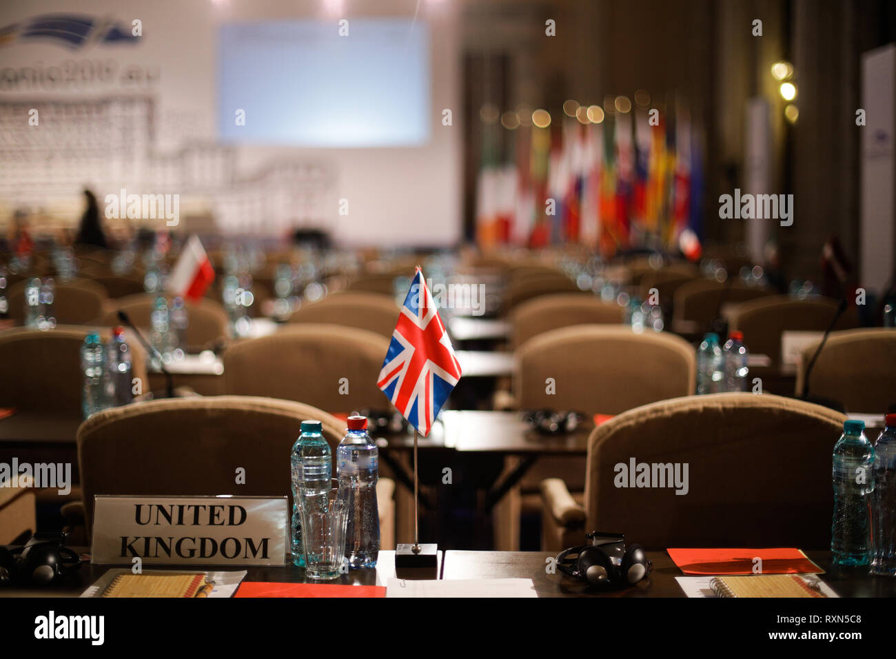 Details with the lonely flag of the United Kingdom during a conference ...