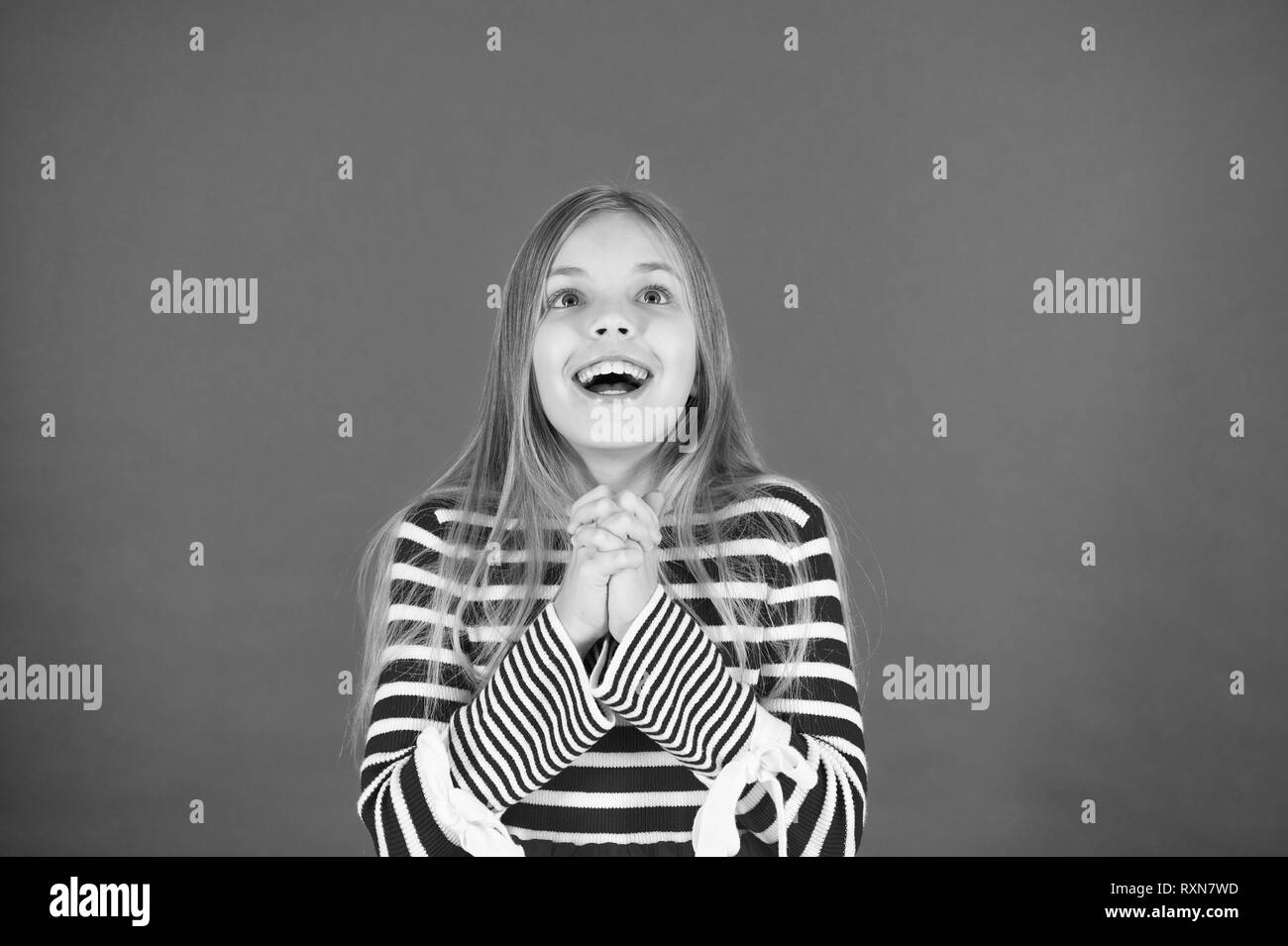 Make a wish. Hope for the best. Girl hopeful excited face making wish ...