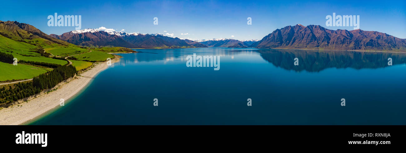 Panoramic vibrant photos of Lake Hawea and mountains, South Island, New ...