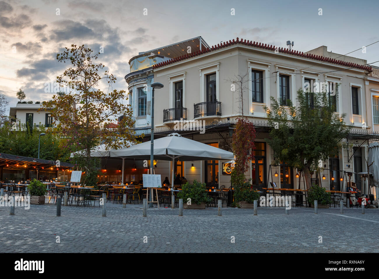 Athens, Greece - November 07, 2018: Coffee shops and bars in Thissio ...