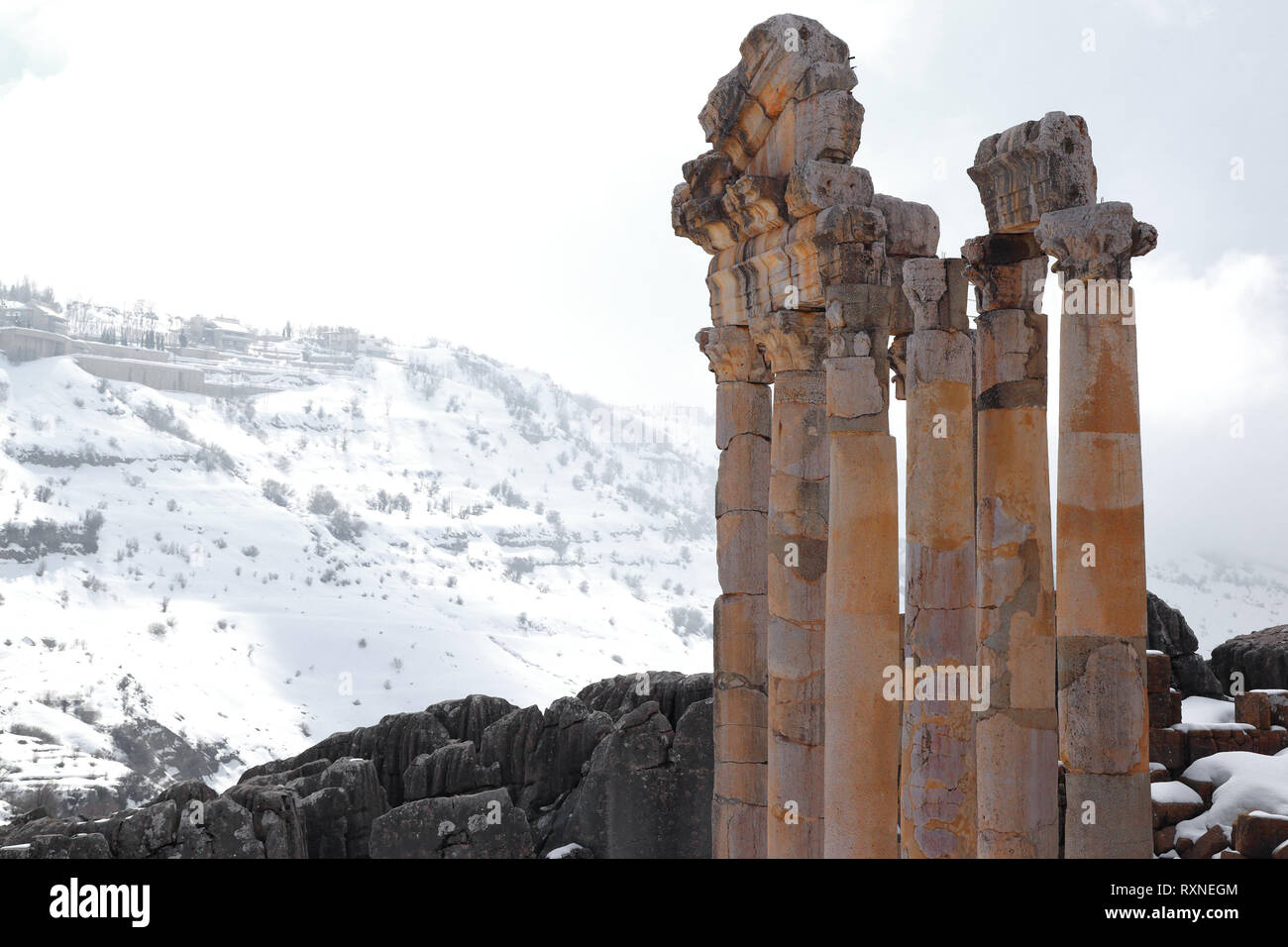 Faqra Ancient Roman Ruins in the snow, Lebanon Stock Photo - Alamy