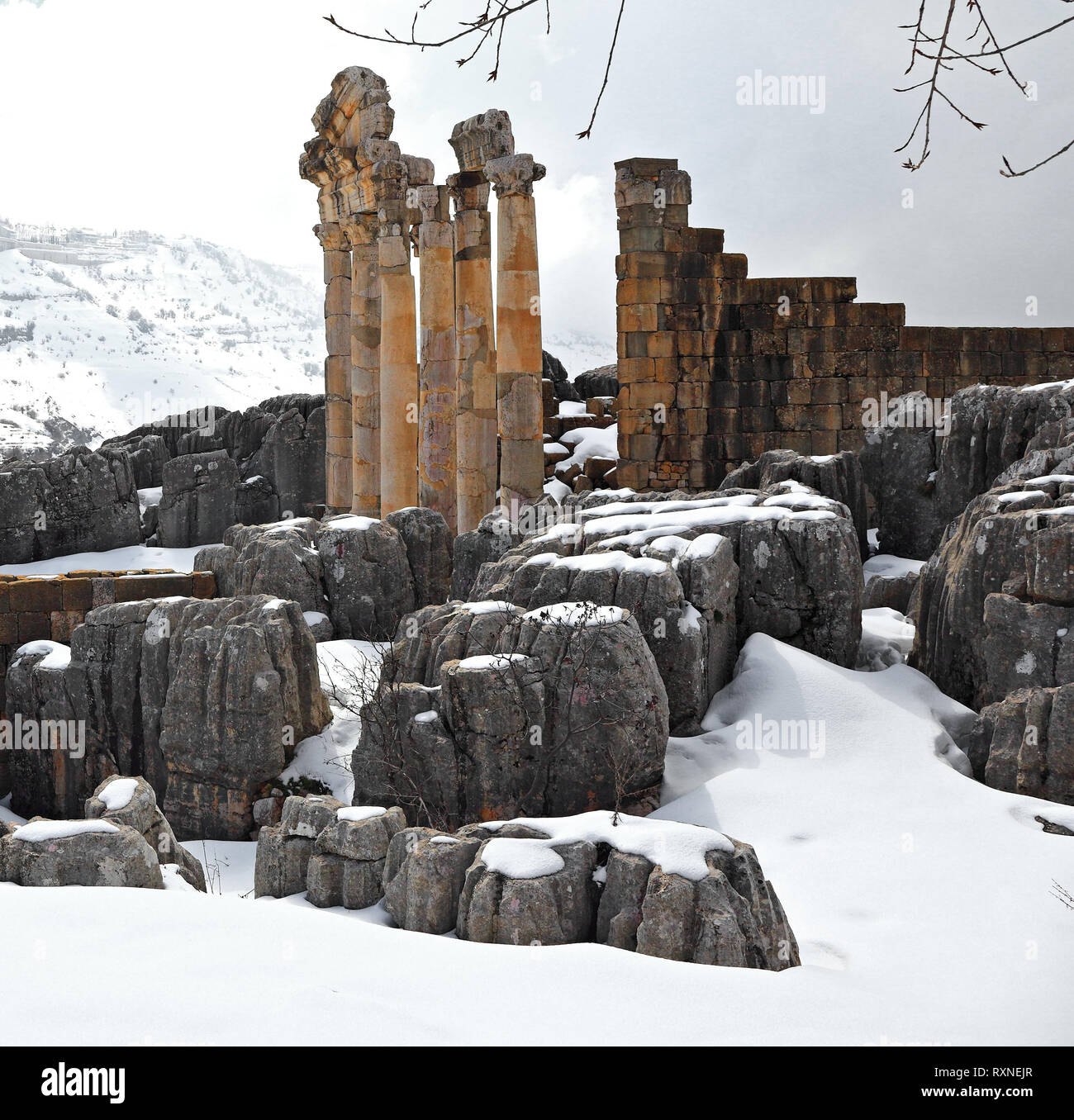 Faqra Ancient Roman Ruins in the snow, Lebanon Stock Photo - Alamy
