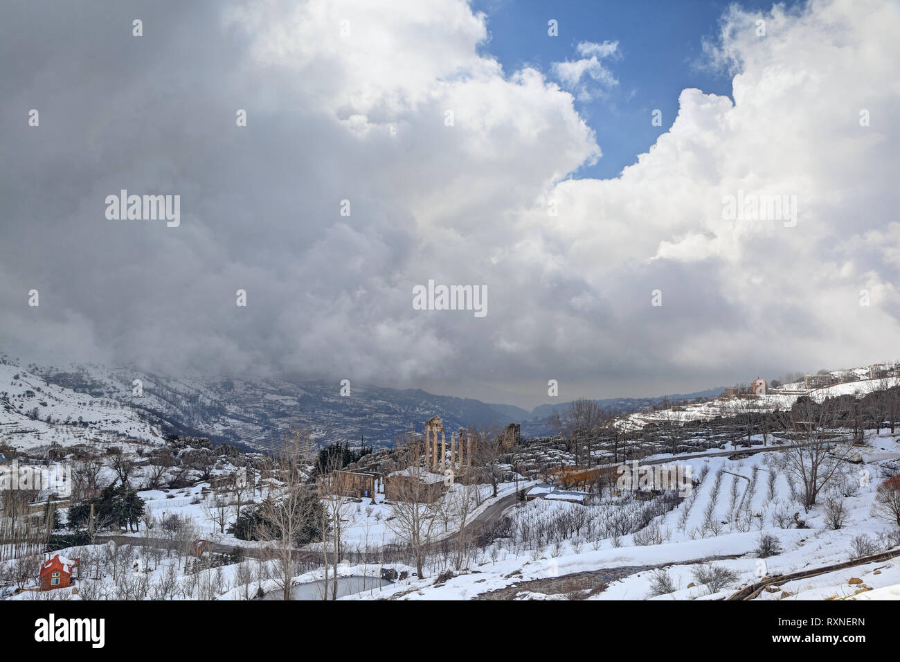 Faqra Ancient Roman Ruins in the snow, Lebanon Stock Photo - Alamy