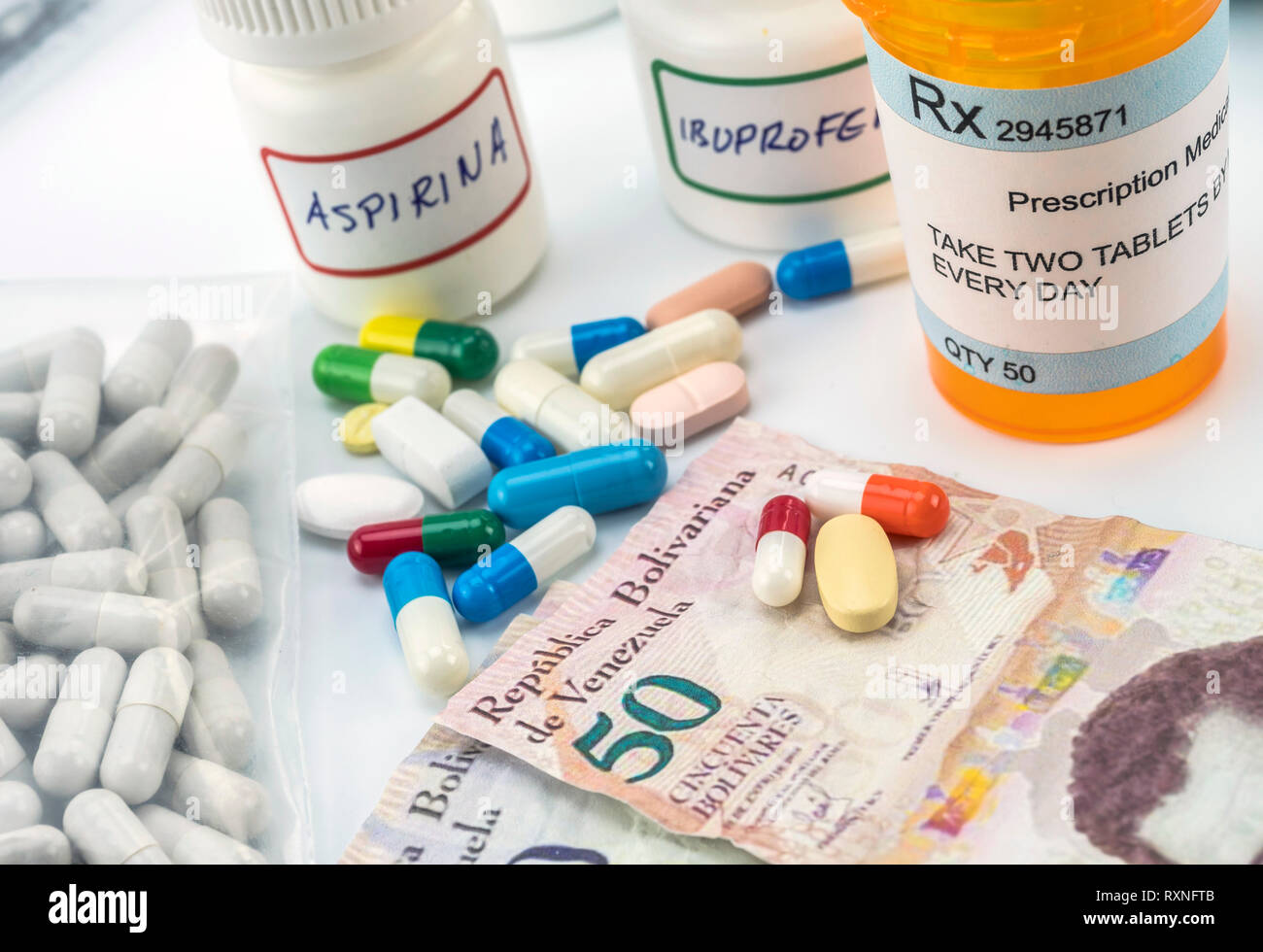Medicines next to banknotes of Venezuela, shady deal of medication in ...