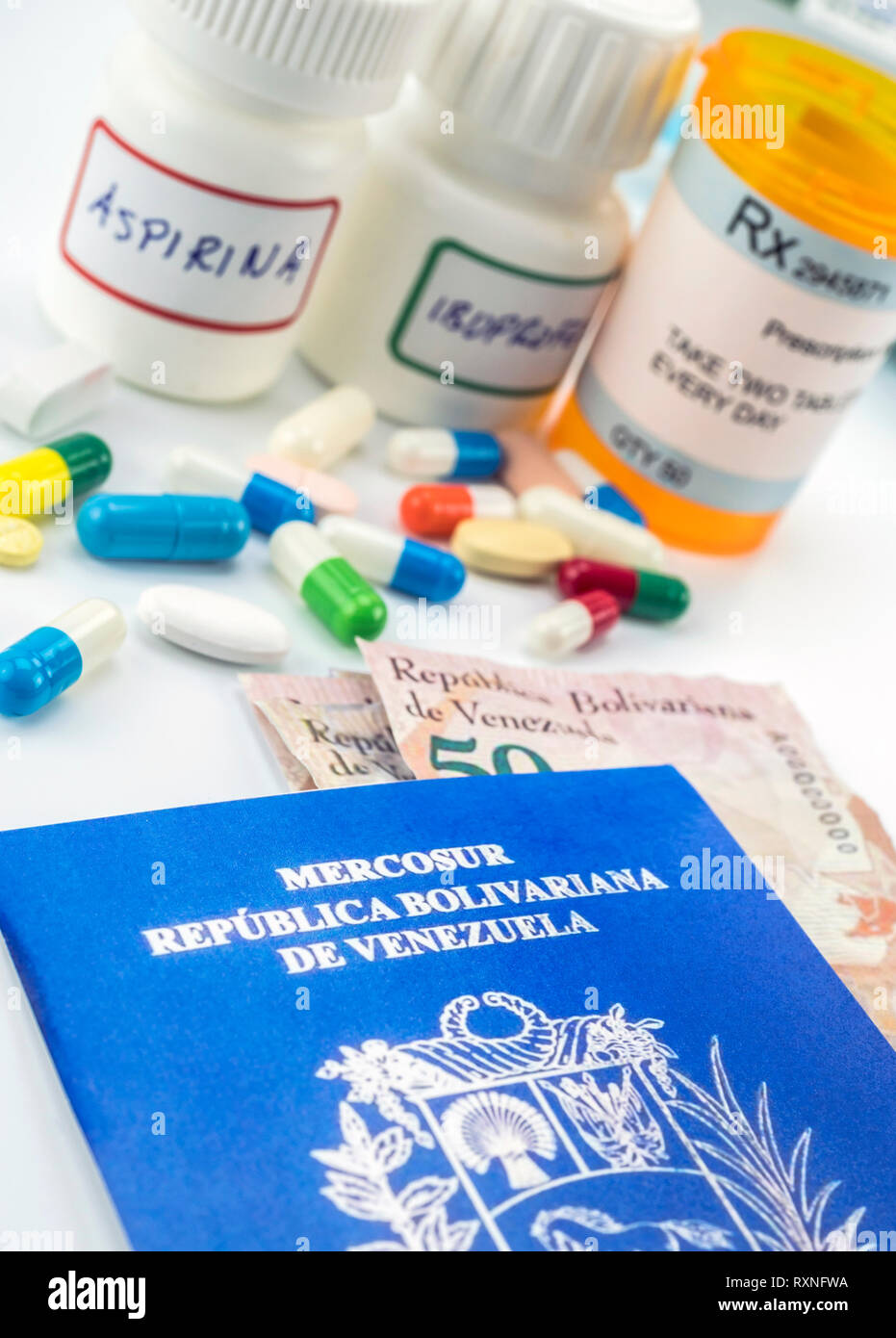 Medicines next to banknotes and passport of Venezuela, shady deal of ...