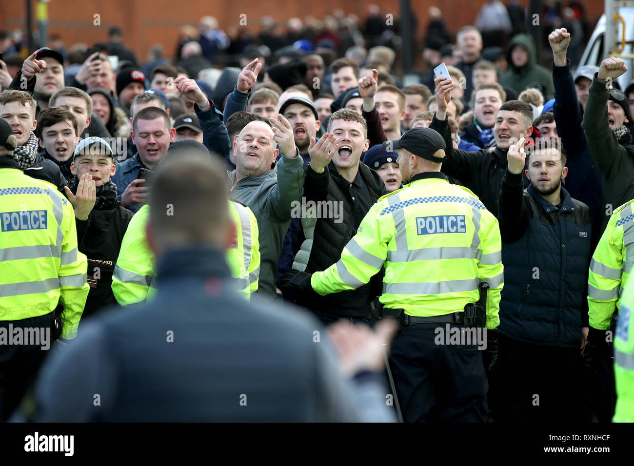 Police surround fans ahead of the match during the Sky Bet Championship ...