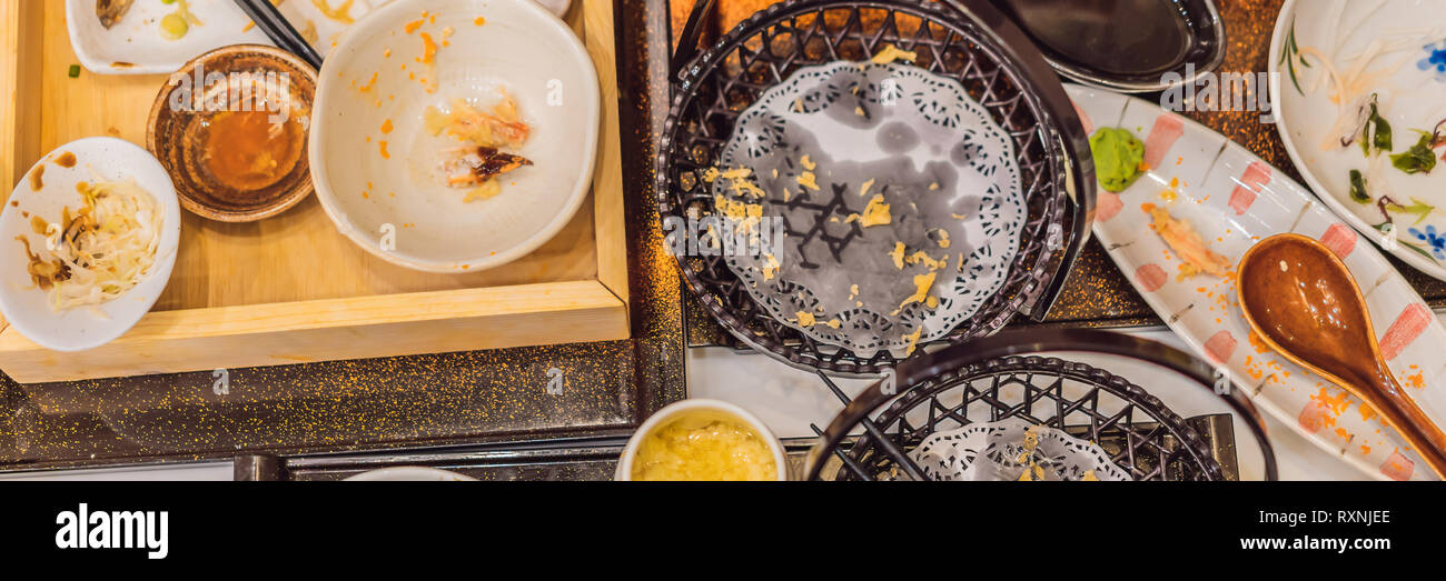 Messy table after meal in Japanese restaurant. Dirty, finish meal ...