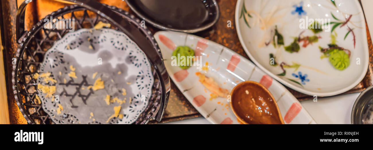 Messy table after meal in Japanese restaurant. Dirty, finish meal ...