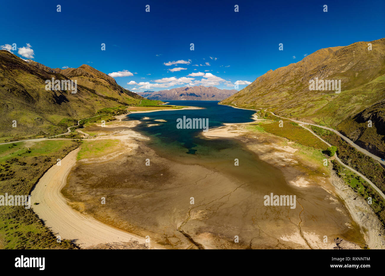 Panoramic drone aerial photos of Lake Hawea and mountains, South Island ...