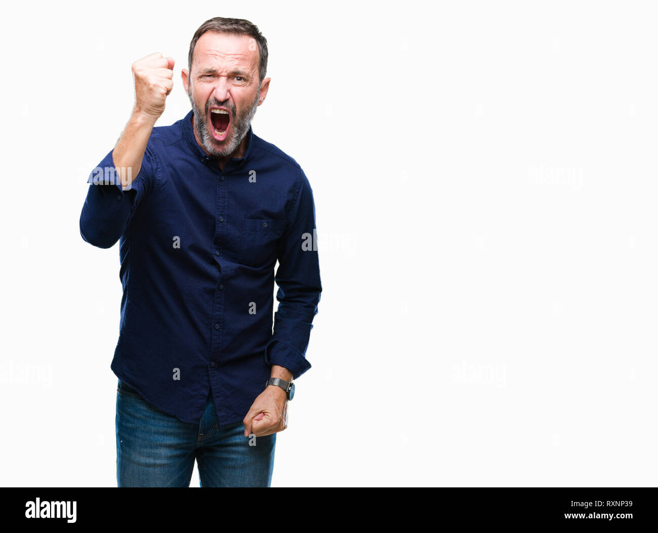 Middle age hoary senior man over isolated background angry and mad ...