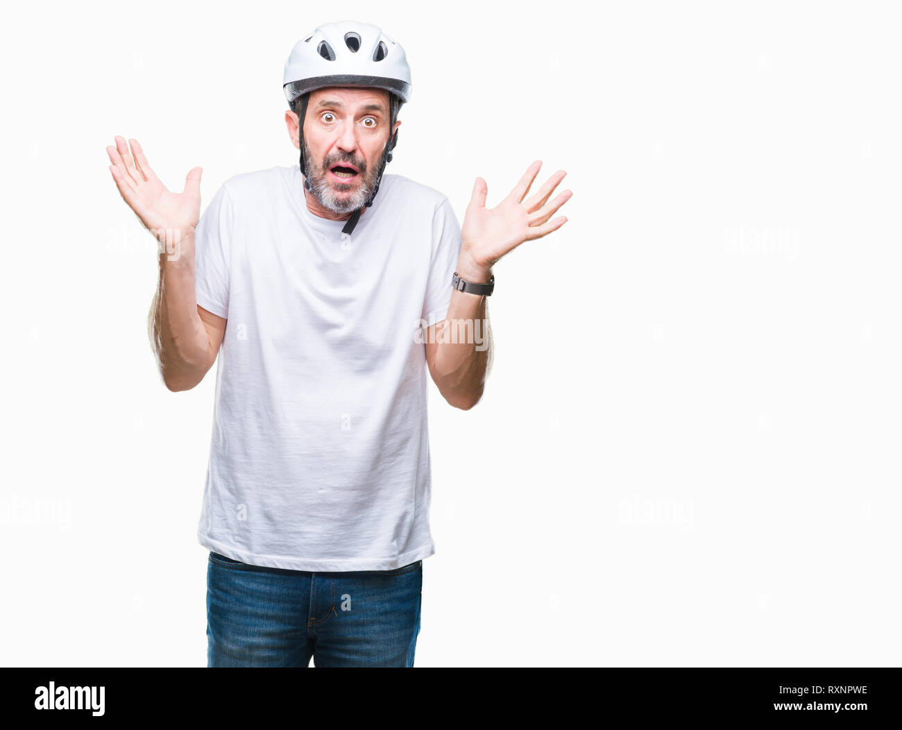 Middle age senior hoary cyclist man wearing bike safety helment ...