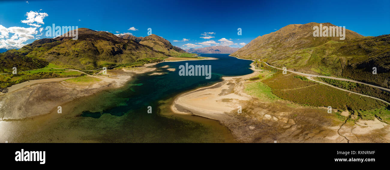 Panoramic drone aerial photos of Lake Hawea and mountains, South Island ...