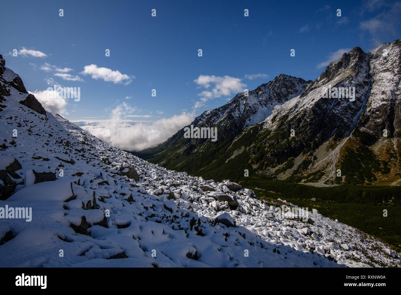 snow covered mountain tourist hiking trails. Slovakia in late autumn ...