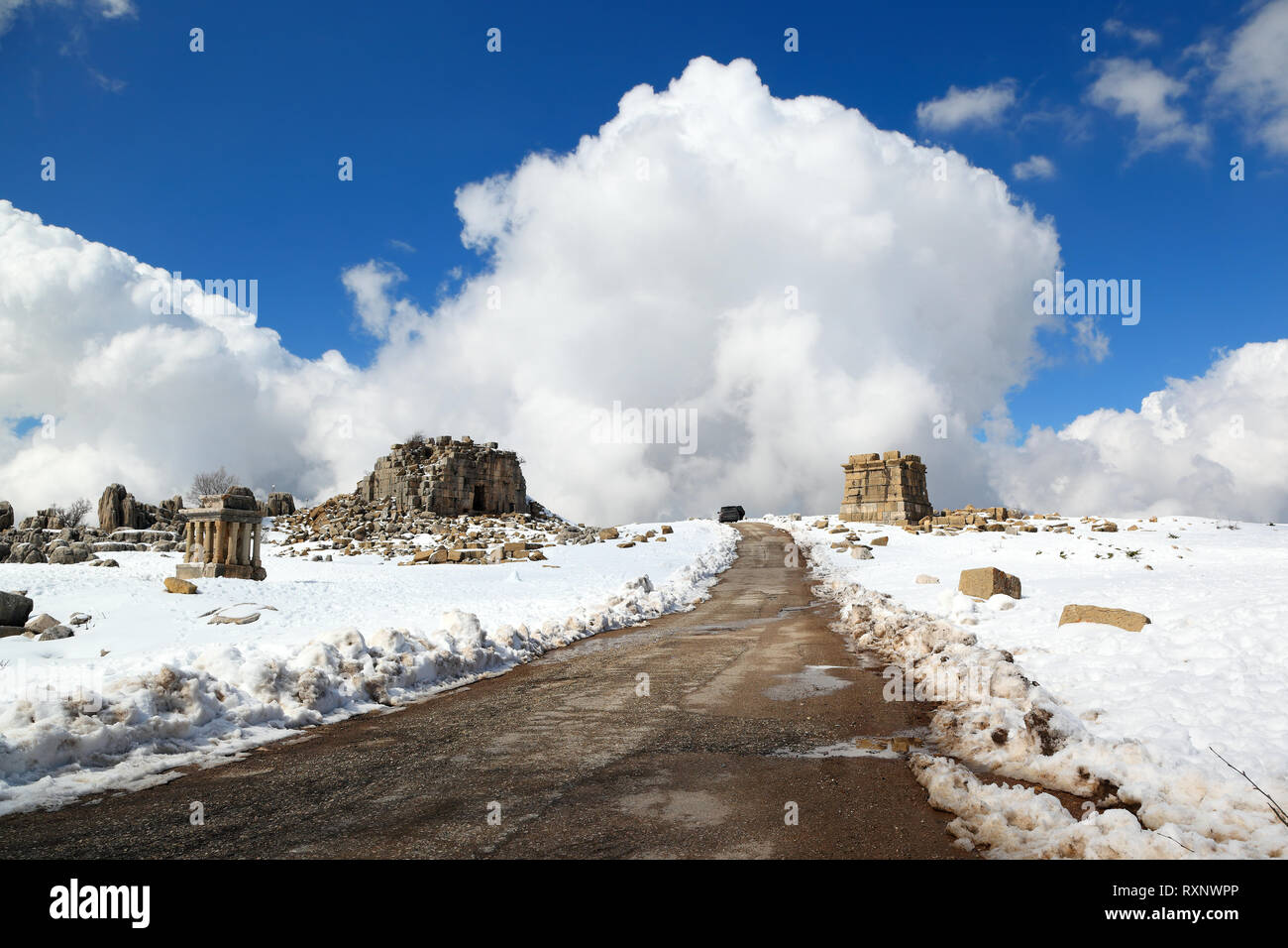 Faqra Ancient Roman Ruins in the snow, Lebanon Stock Photo - Alamy